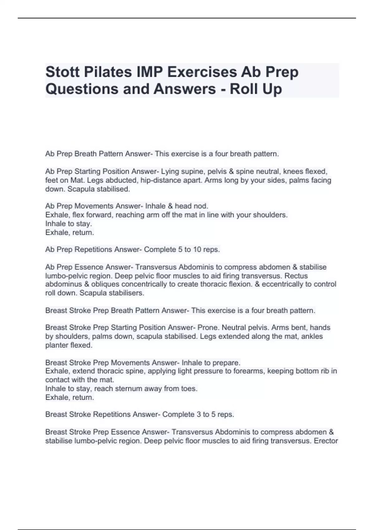 Stott Pilates IMP Exercises Ab Prep Questions and Answers - Roll Up ...