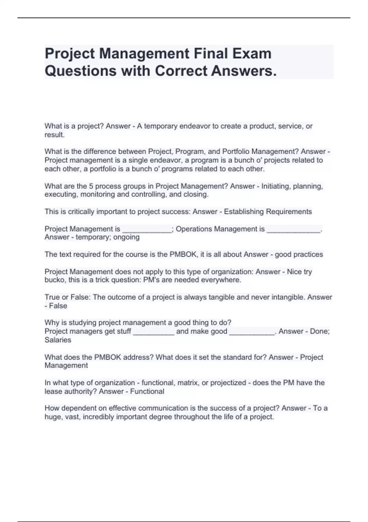 Project Management Final Exam Questions with Correct Answers - PROJECT MANAGEMENT - Stuvia US