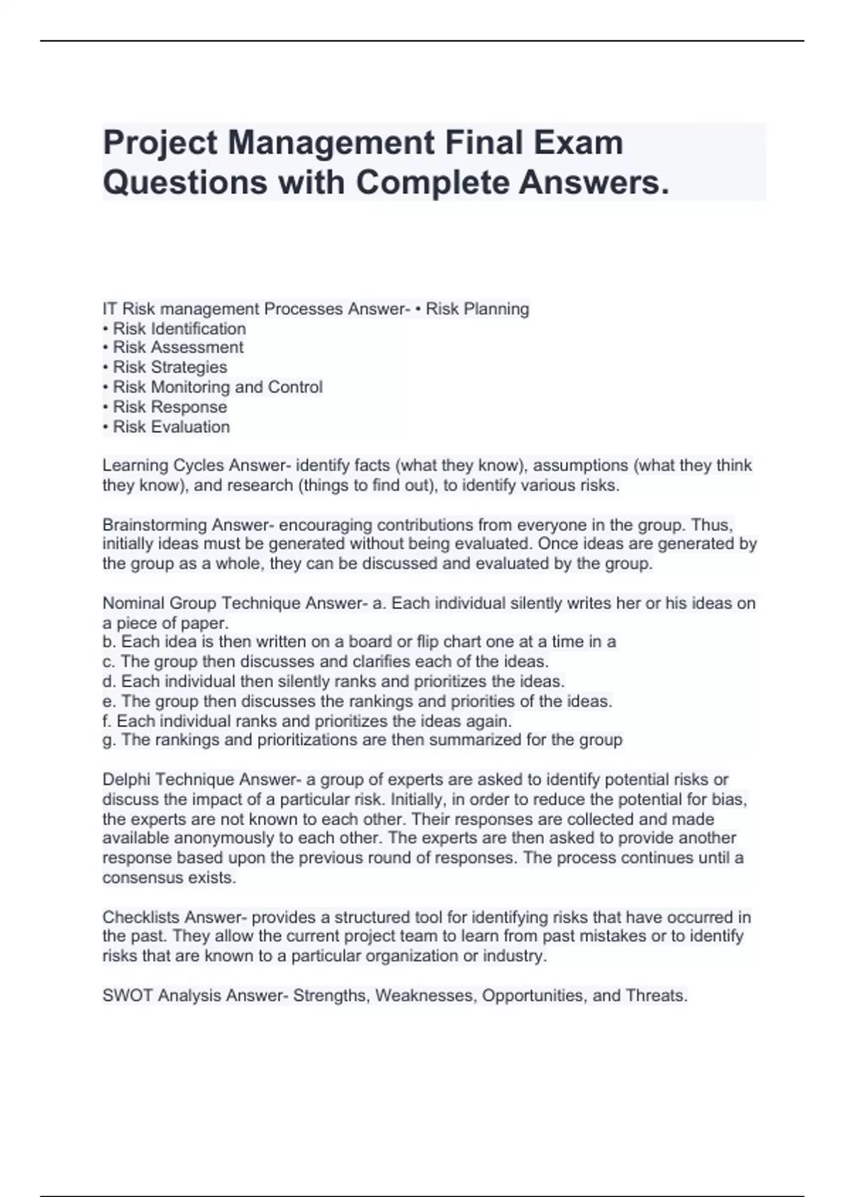 Project Management Final Exam Questions with Complete Answers - PROJECT MANAGEMENT - Stuvia US