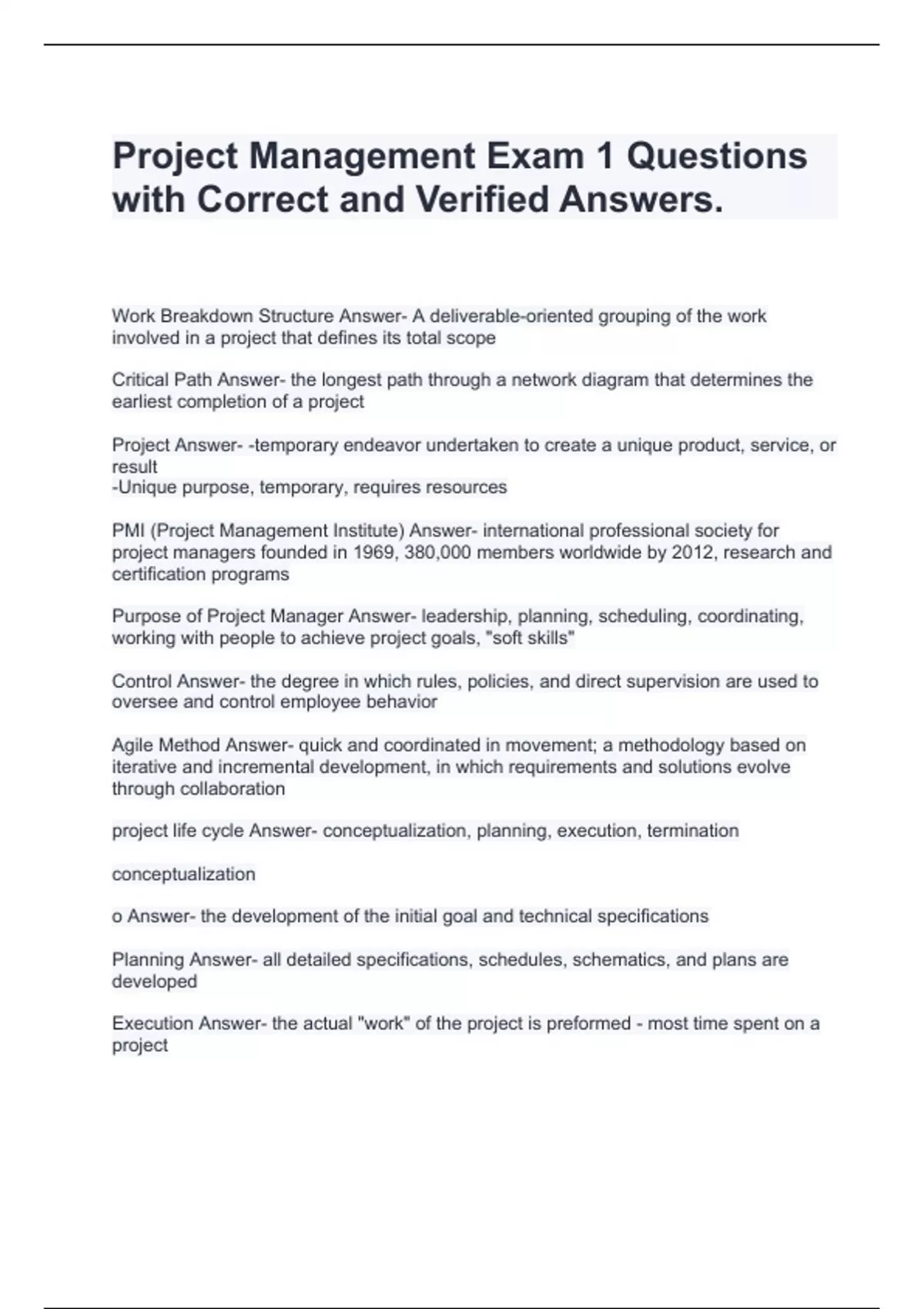 Project Management Exam 1 Questions with Correct and Verified Answers - PROJECT MANAGEMENT ...