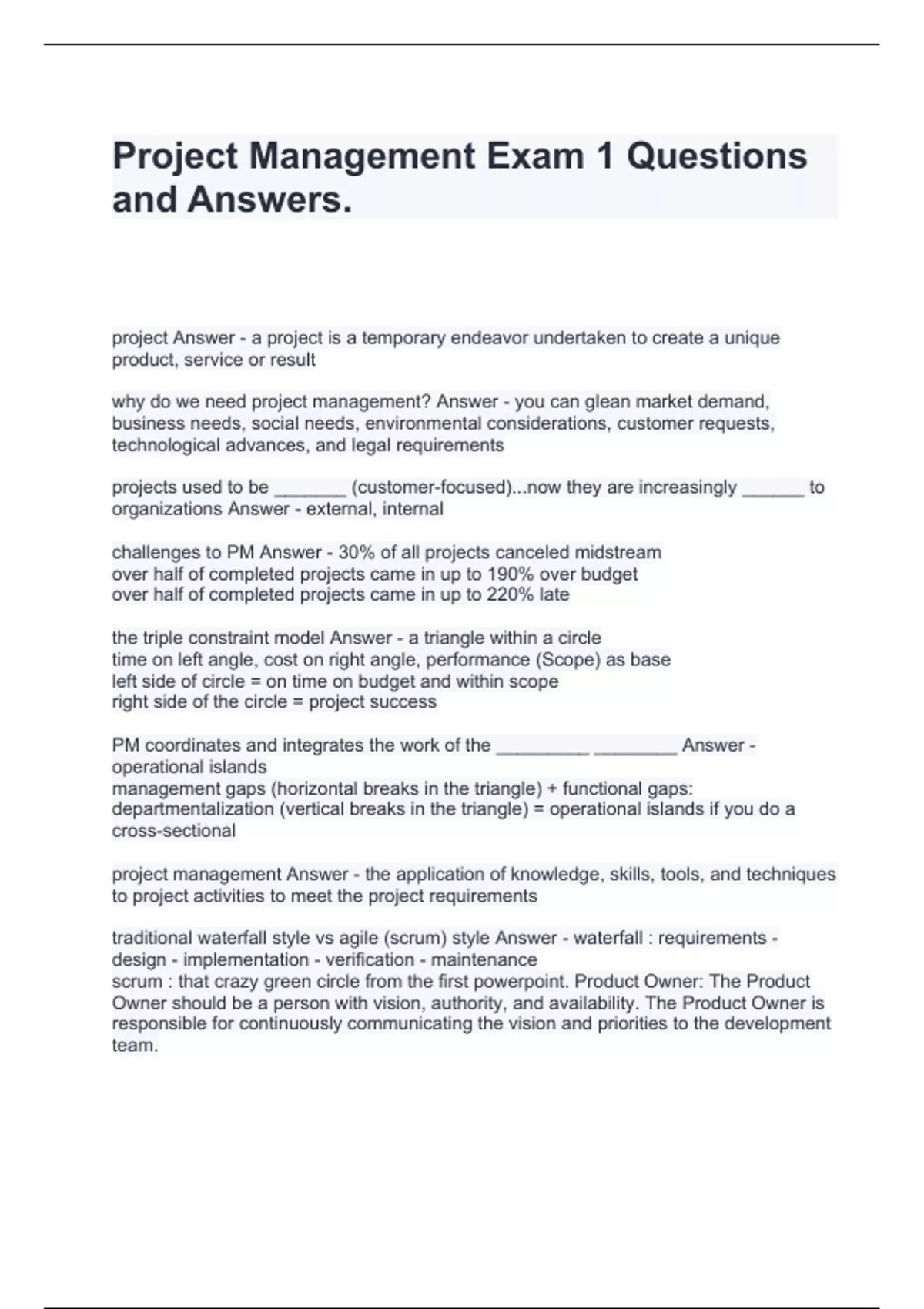 Project Management Exam 1 Questions and Answers - PROJECT MANAGEMENT - Stuvia US