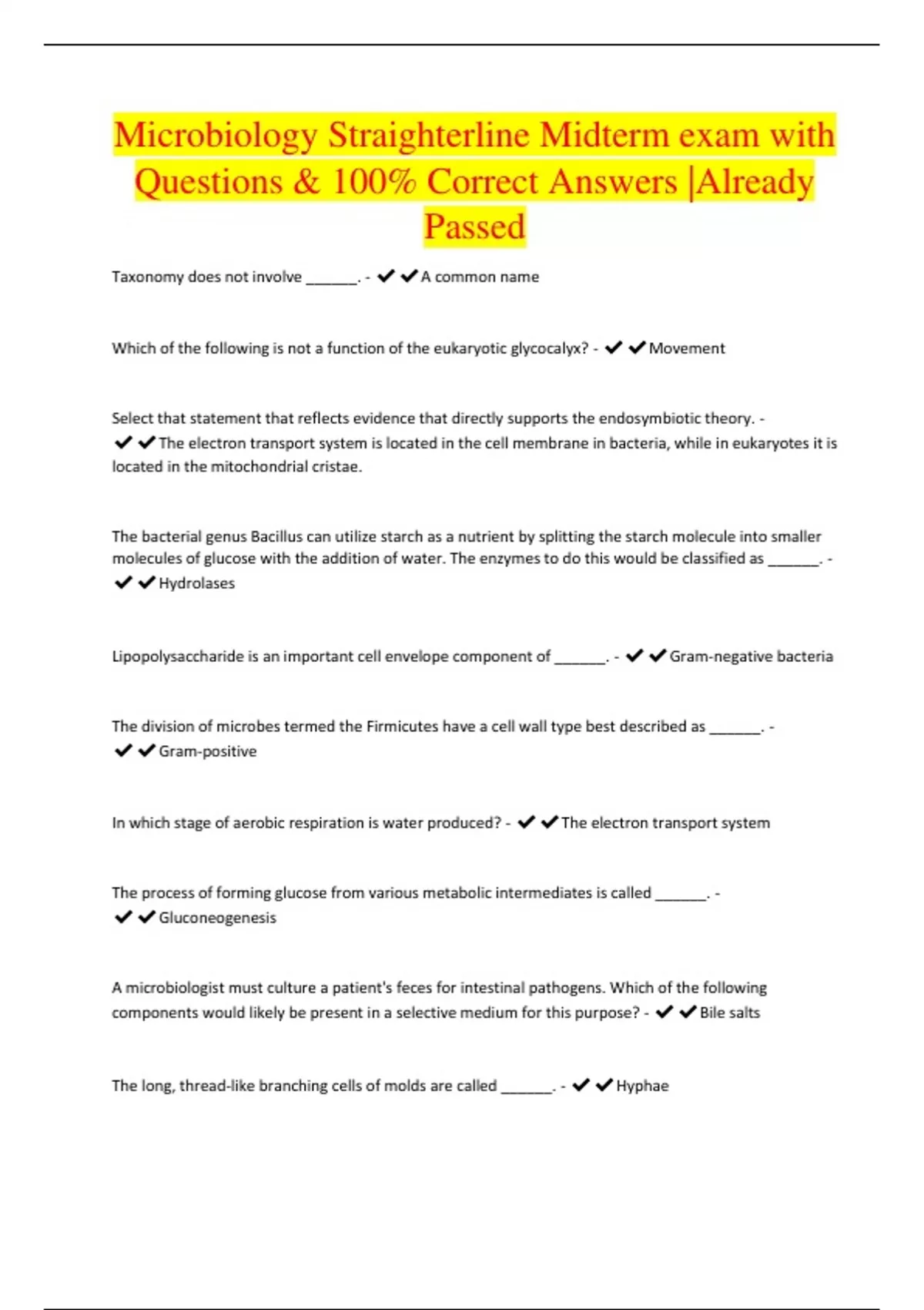 Microbiology Straighterline Midterm exam with Questions & 100% Correct ...