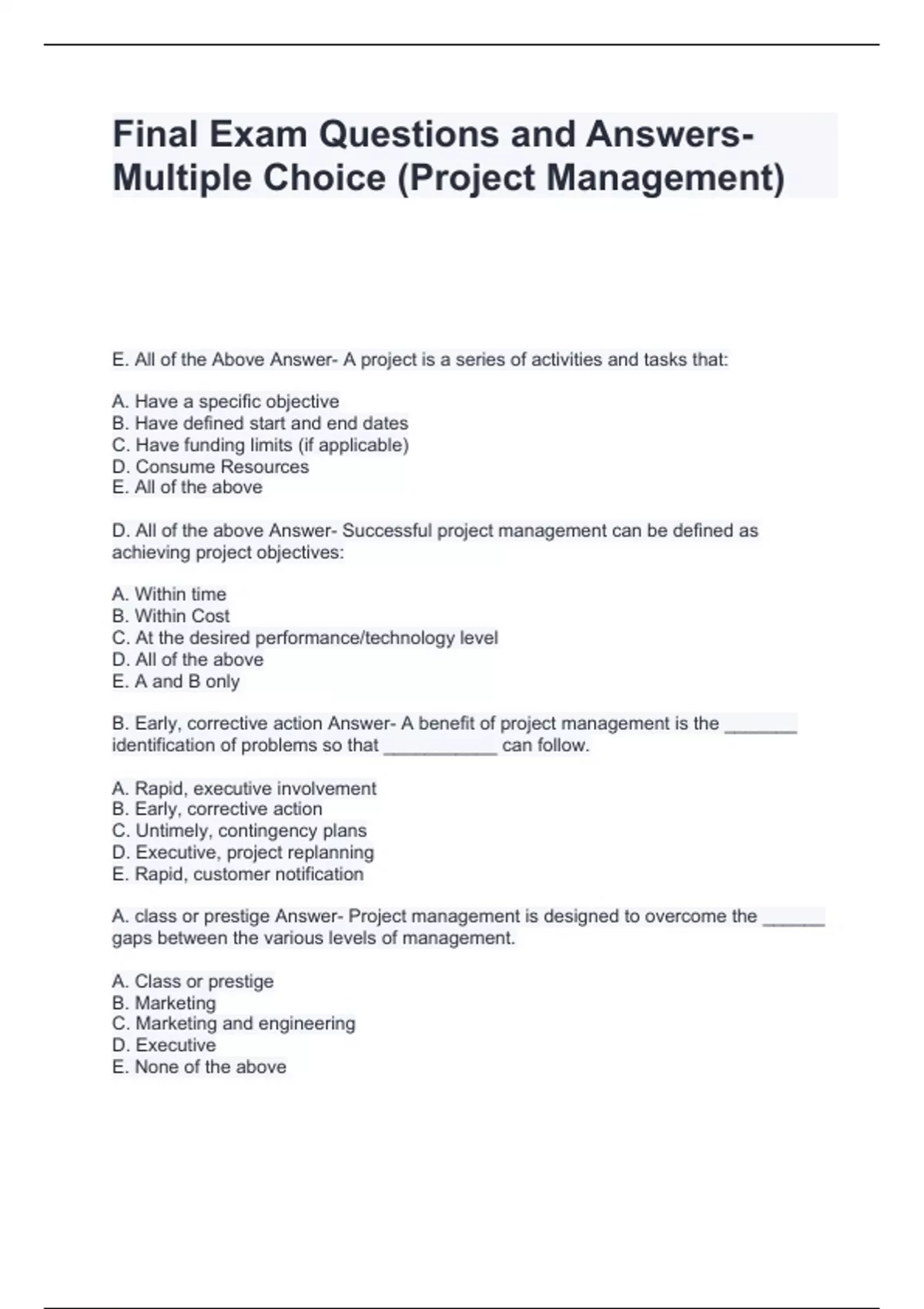 Final Exam Questions and Answers- Multiple Choice (Project Management) - PROJECT MANAGEMENT ...