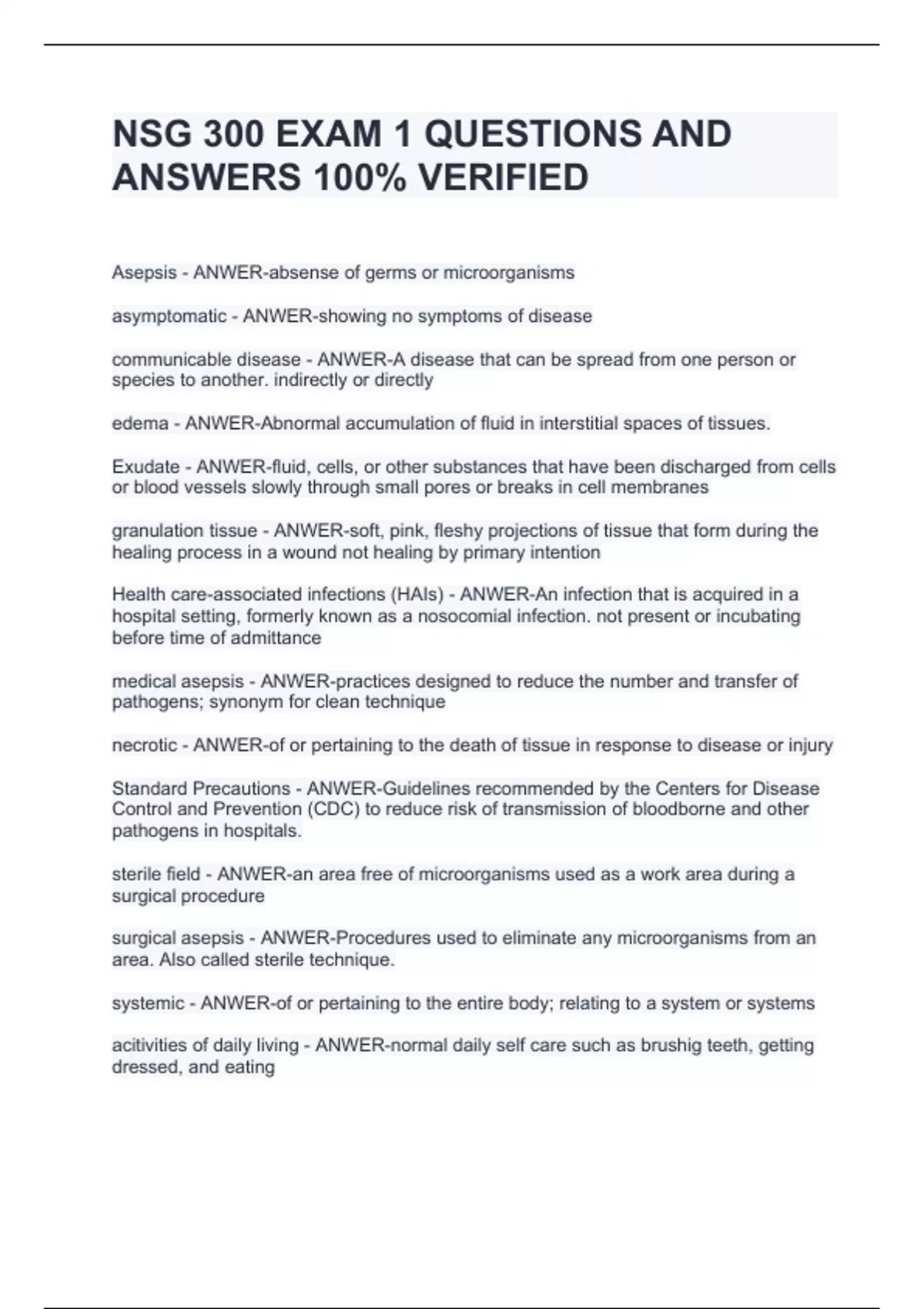 NSG 300 EXAM 1 QUESTIONS AND ANSWERS 100% VERIFIED - NSG 300 - Stuvia US