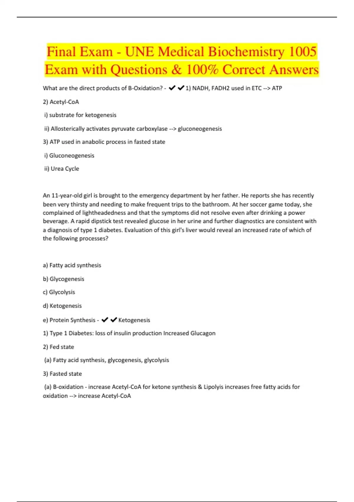 Final Exam - UNE Medical Biochemistry 1005 Exam with Questions & 100% Correct Answers - NE ...