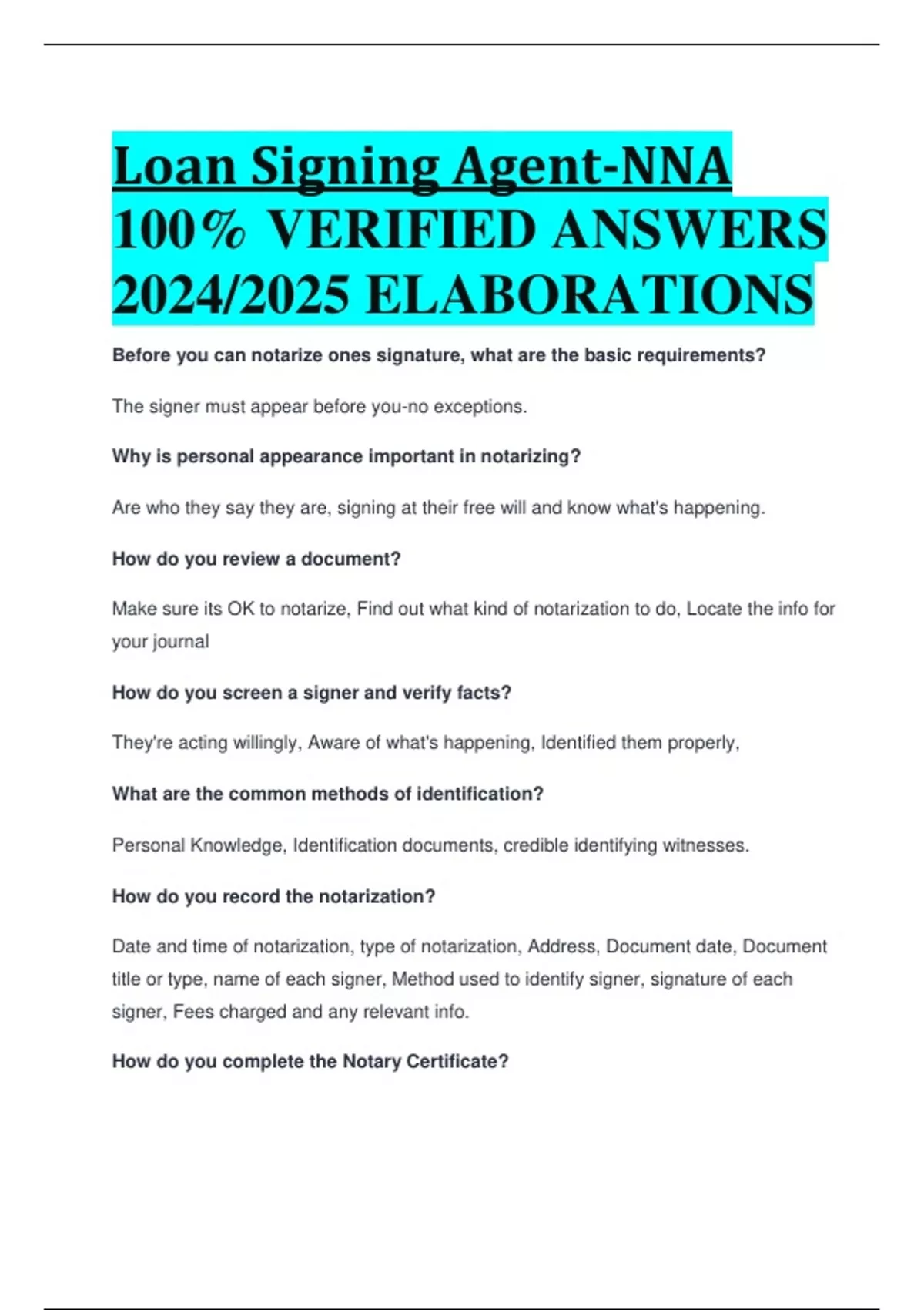 BEST REVIEW Loan Signing Agent-NNA 100% VERIFIED ANSWERS 2024/2025 ...