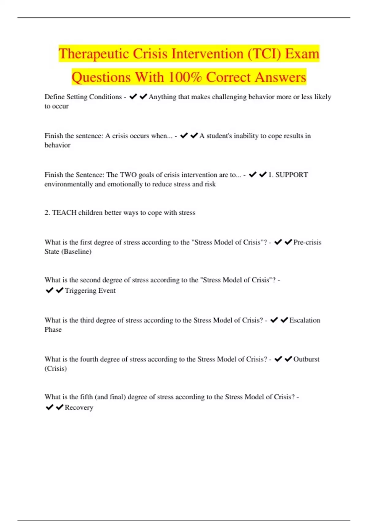Therapeutic Crisis Intervention (TCI) Exam Questions With 100% Correct ...