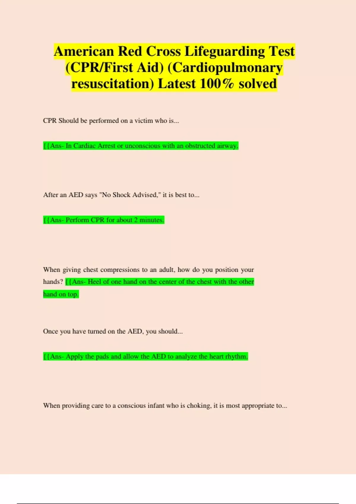 American Red Cross Lifeguard TEST V1&V2/ Emergency Medicine Red Cross ...