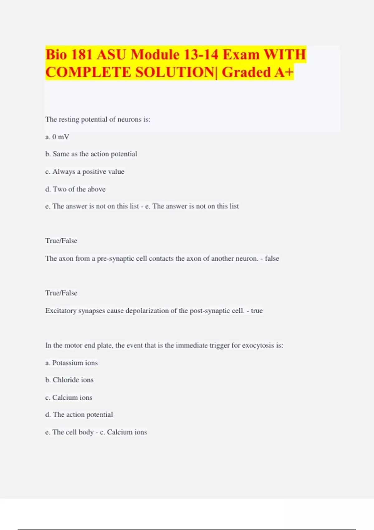 Bio 181 ASU Module 13-14 Exam WITH COMPLETE SOLUTION| Graded A+ - BIO 181 ASU - Stuvia US