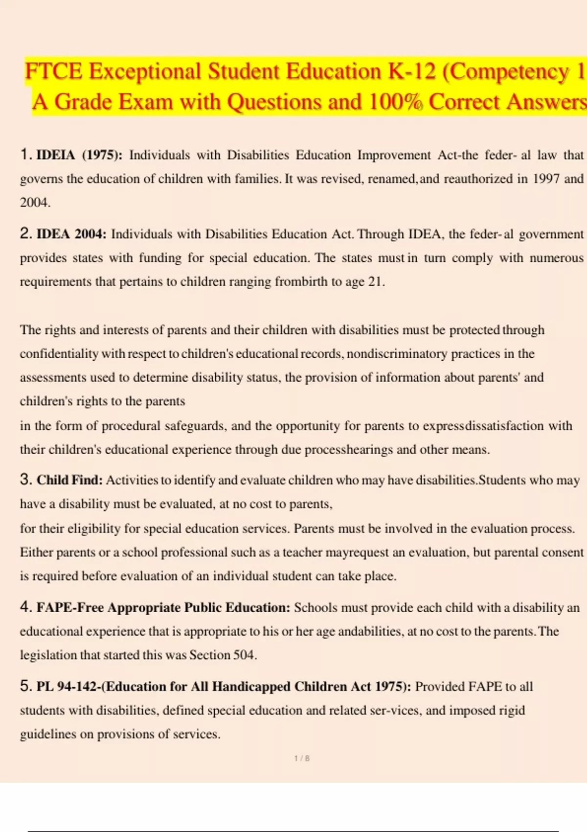 FTCE Exceptional Student Education K-12 (Competency 1) A Grade Exam ...