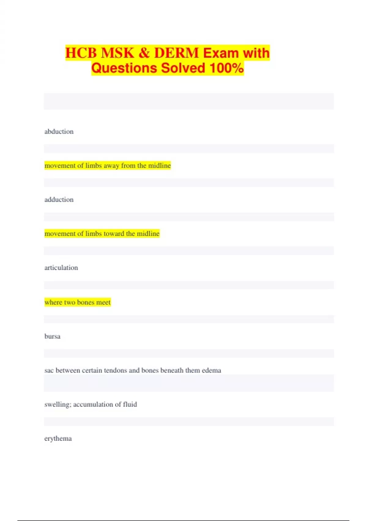 HCB MSK & DERM Exam with Questions Solved 100% - HCB - Stuvia US