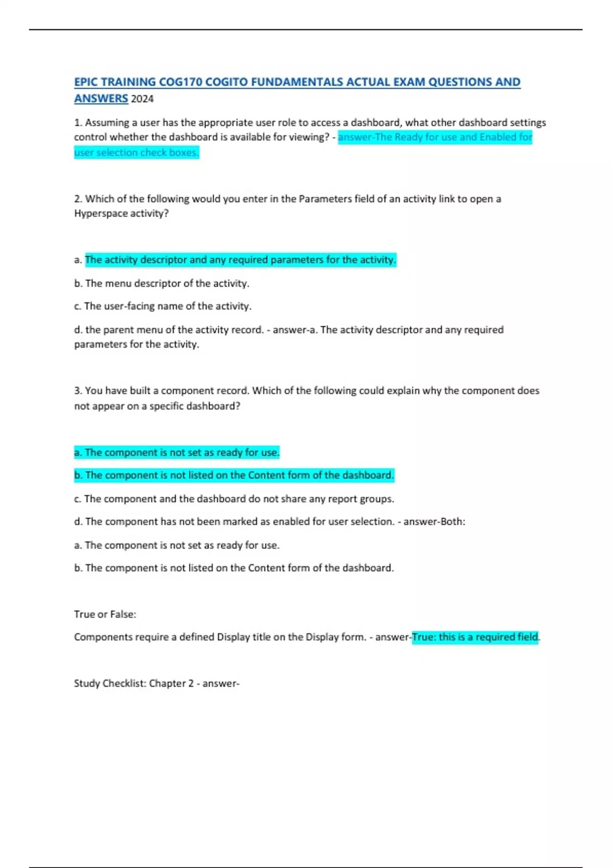 EPIC TRAINING COG170 COGITO FUNDAMENTALS ACTUAL EXAM QUESTIONS AND ...