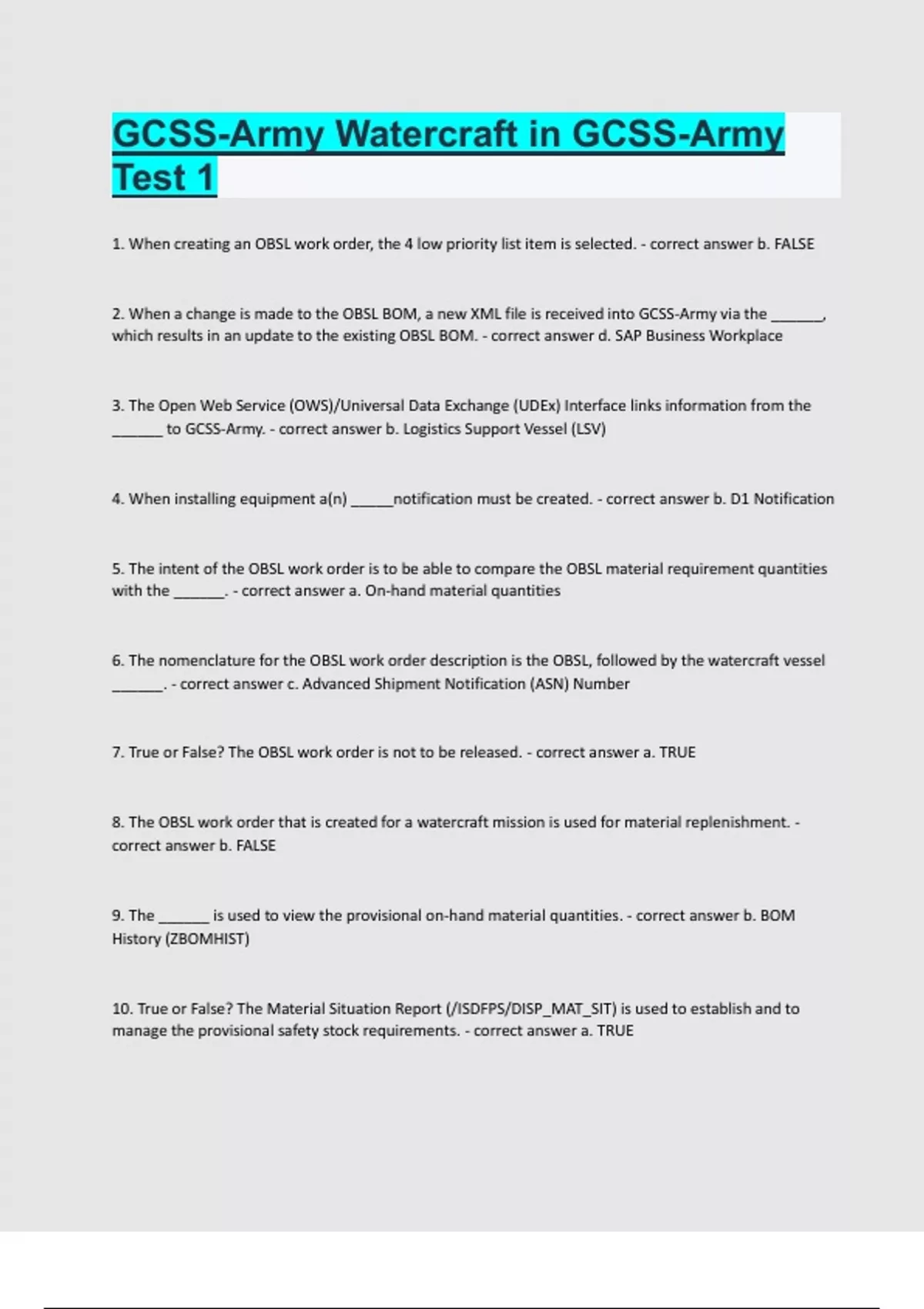 GCSS-Army Watercraft in GCSS-Army Test 1 Verified answers latest update ...