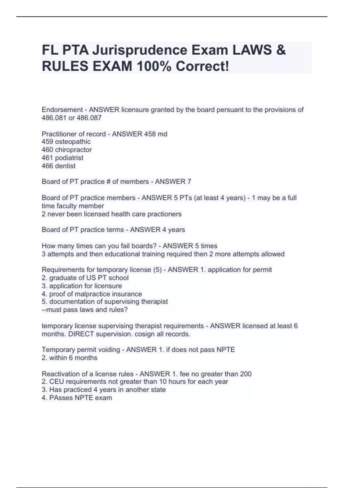 FL PTA Jurisprudence Exam LAWS & RULES EXAM 100% Correct! - FL PTA ...