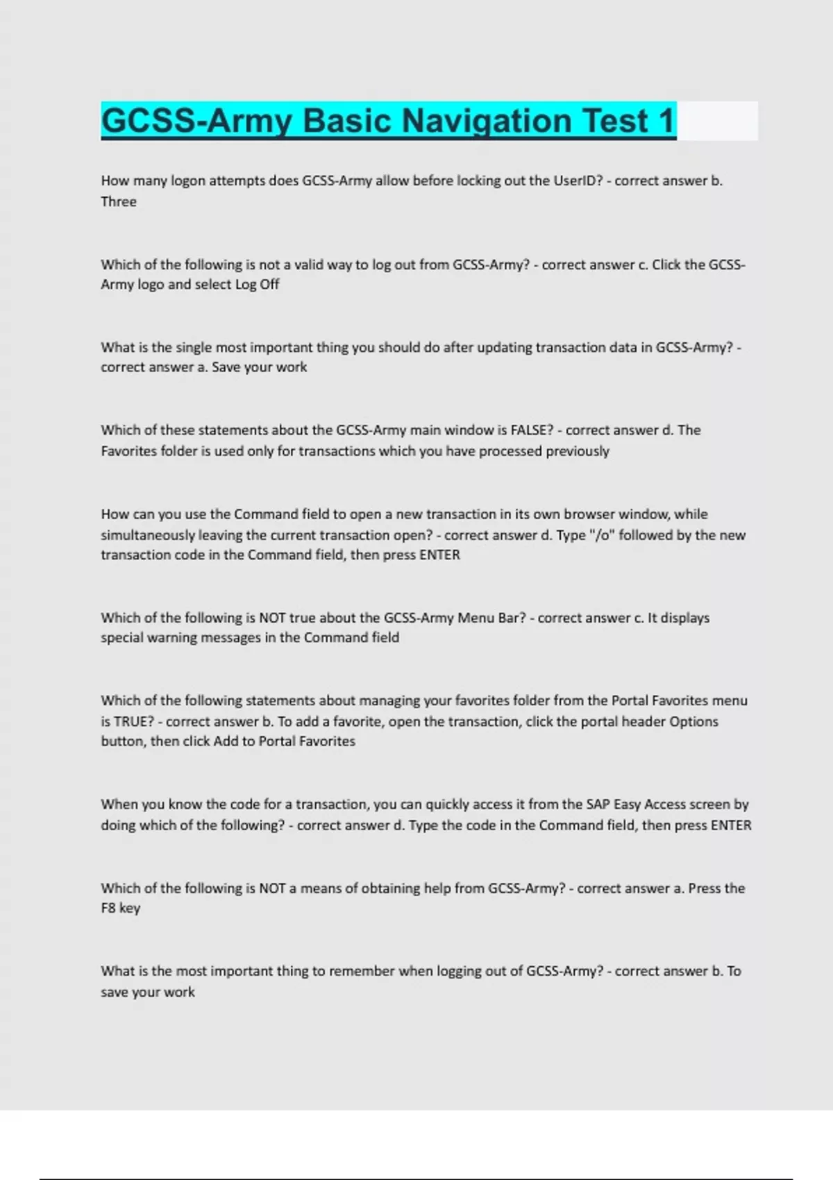 Gcss Army Basic Navigation Test 1 Correct Answers Latest Update Gcss Army Stuvia Us