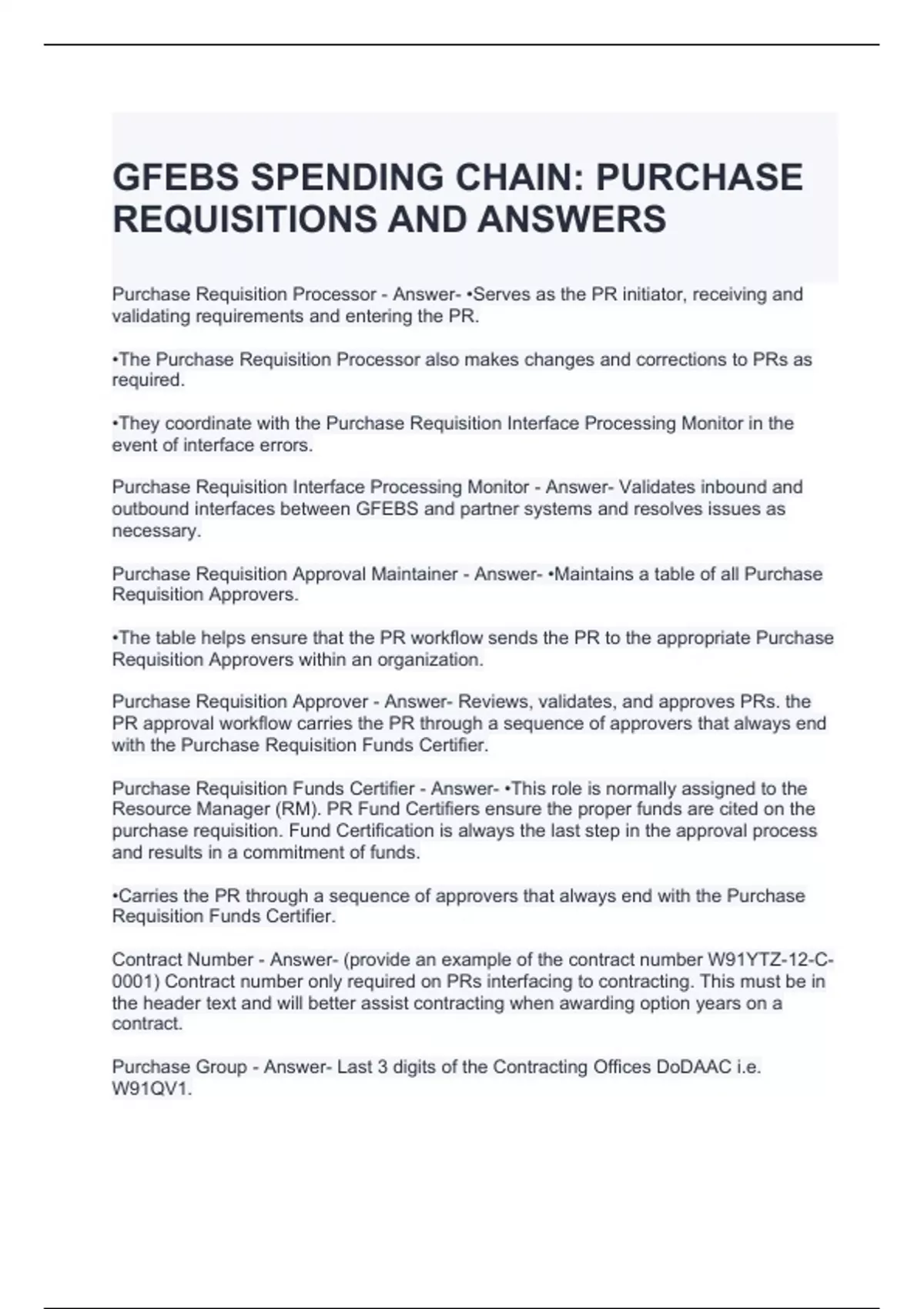 GFEBS SPENDING CHAIN PURCHASE REQUISITIONS AND ANSWERS 100% CORRECT ...