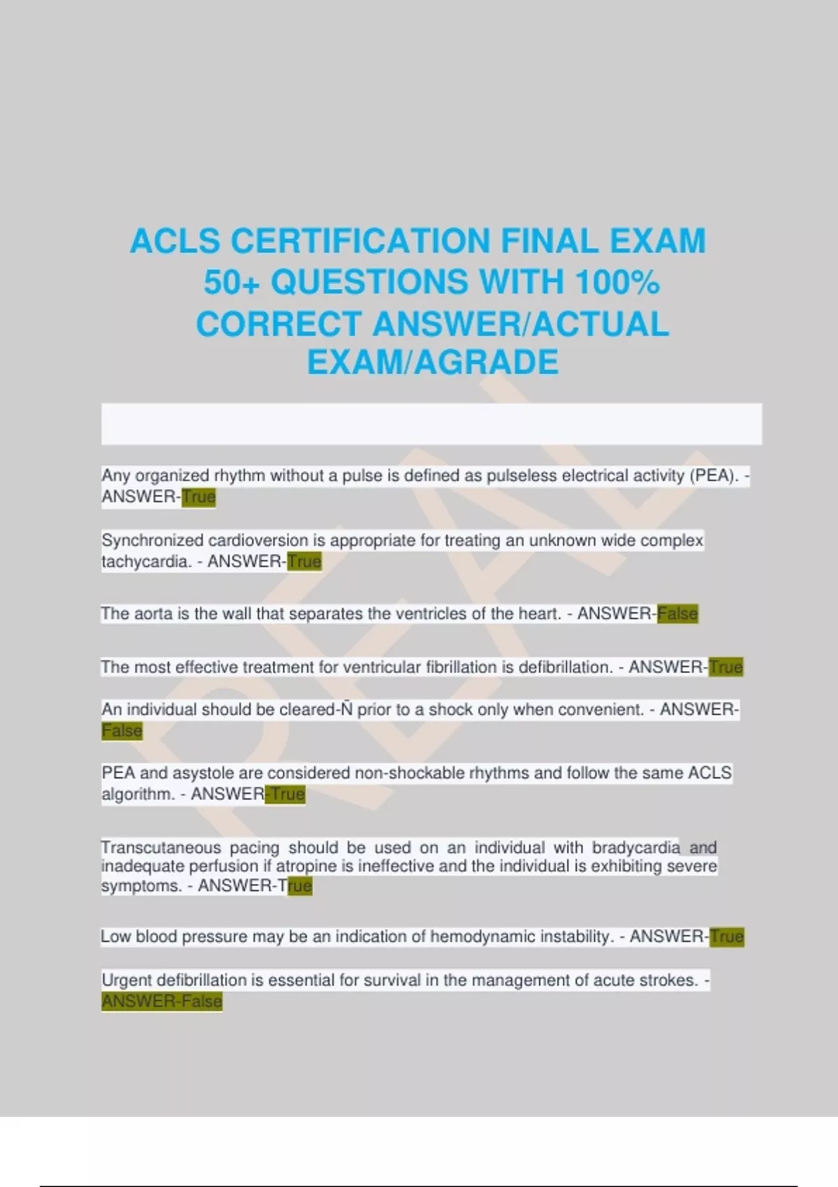 acls exam version questions and answers - RN- Nursing - Stuvia US