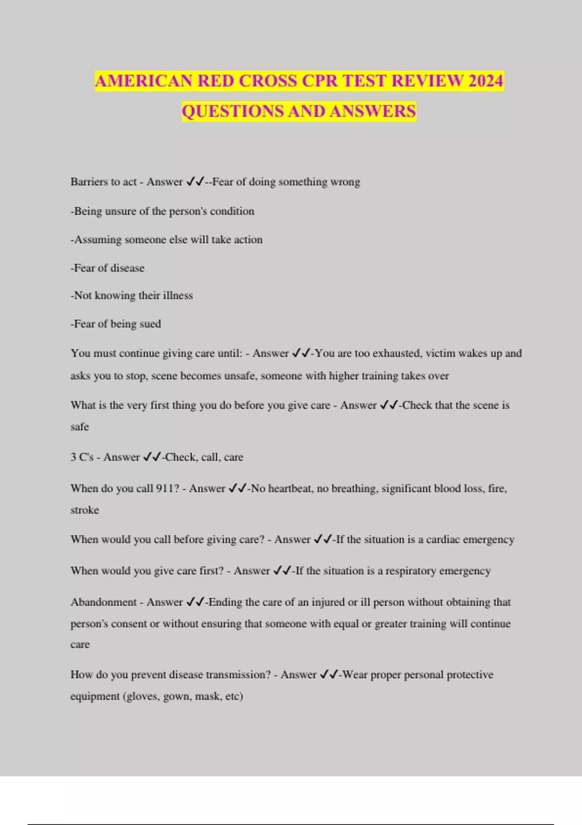 AMERICAN RED CROSS CPR TEST REVIEW 2024 QUESTIONS AND ANSWERS ...