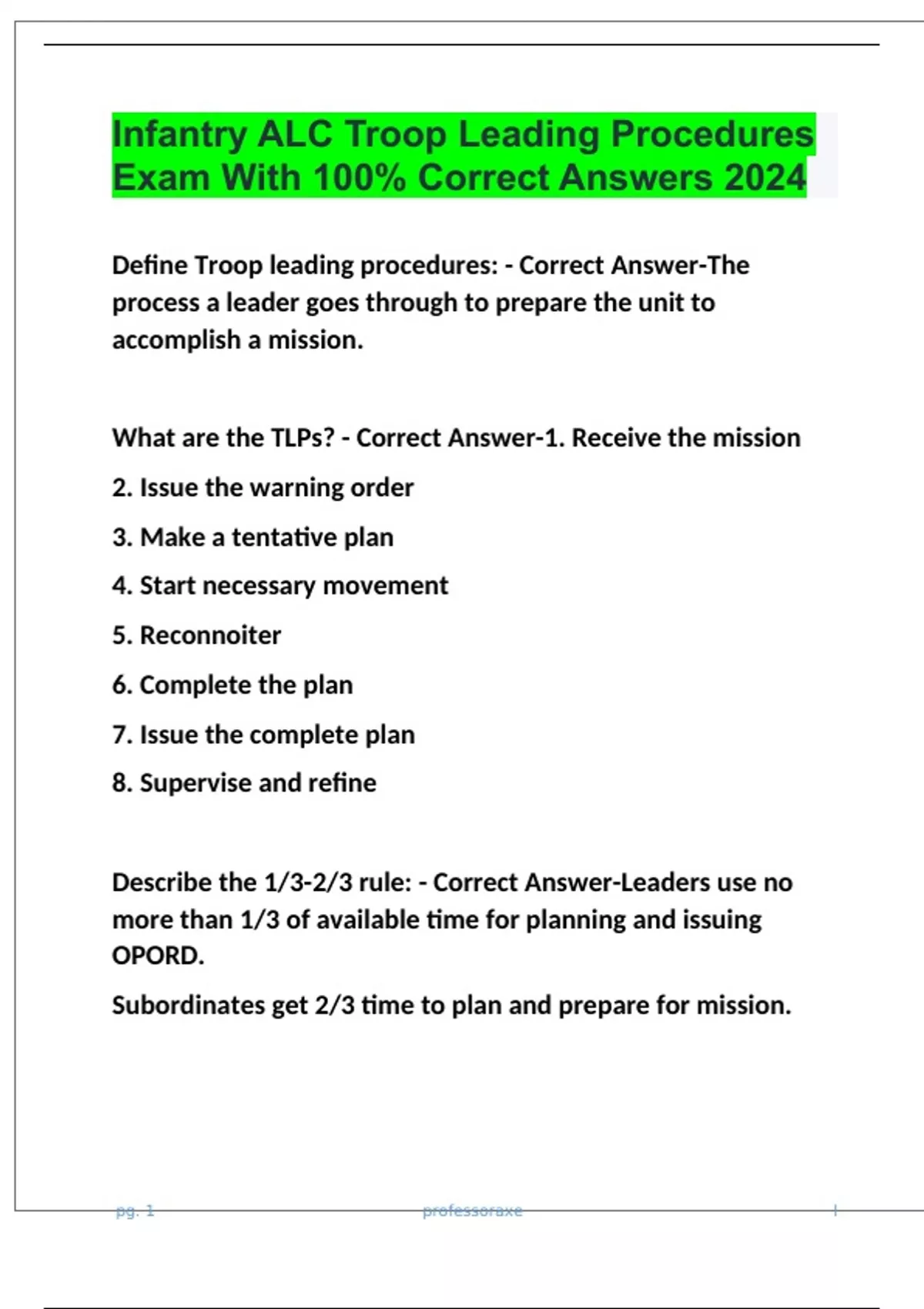 Infantry ALC Troop Leading Procedures Exam With 100% Correct Answers ...