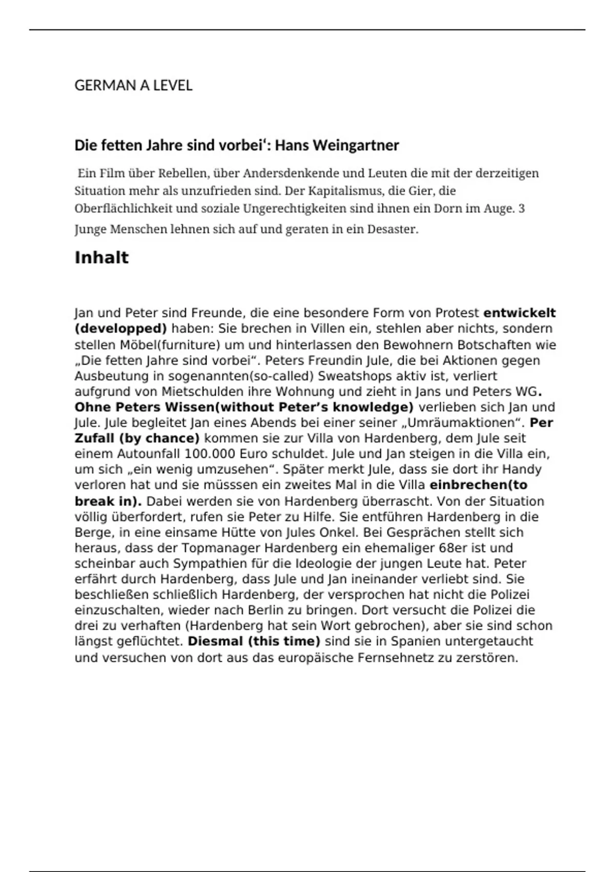 Die fetten Jahre sind vorbei‘: Hans Weingartner: exam questions ...