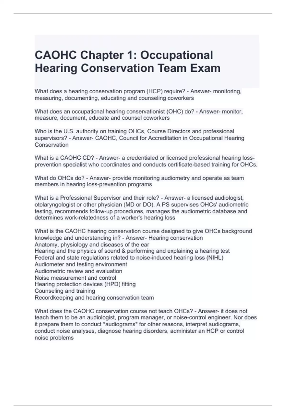 CAOHC Chapter 1 Occupational Hearing Conservation Team Exam 2024- Graded A - CAOHC - Stuvia US