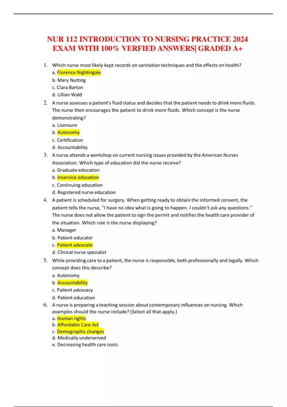 NUR 112 INTRODUCTION TO NURSING PRACTICE 2024 EXAM WITH 100% VERFIED ...