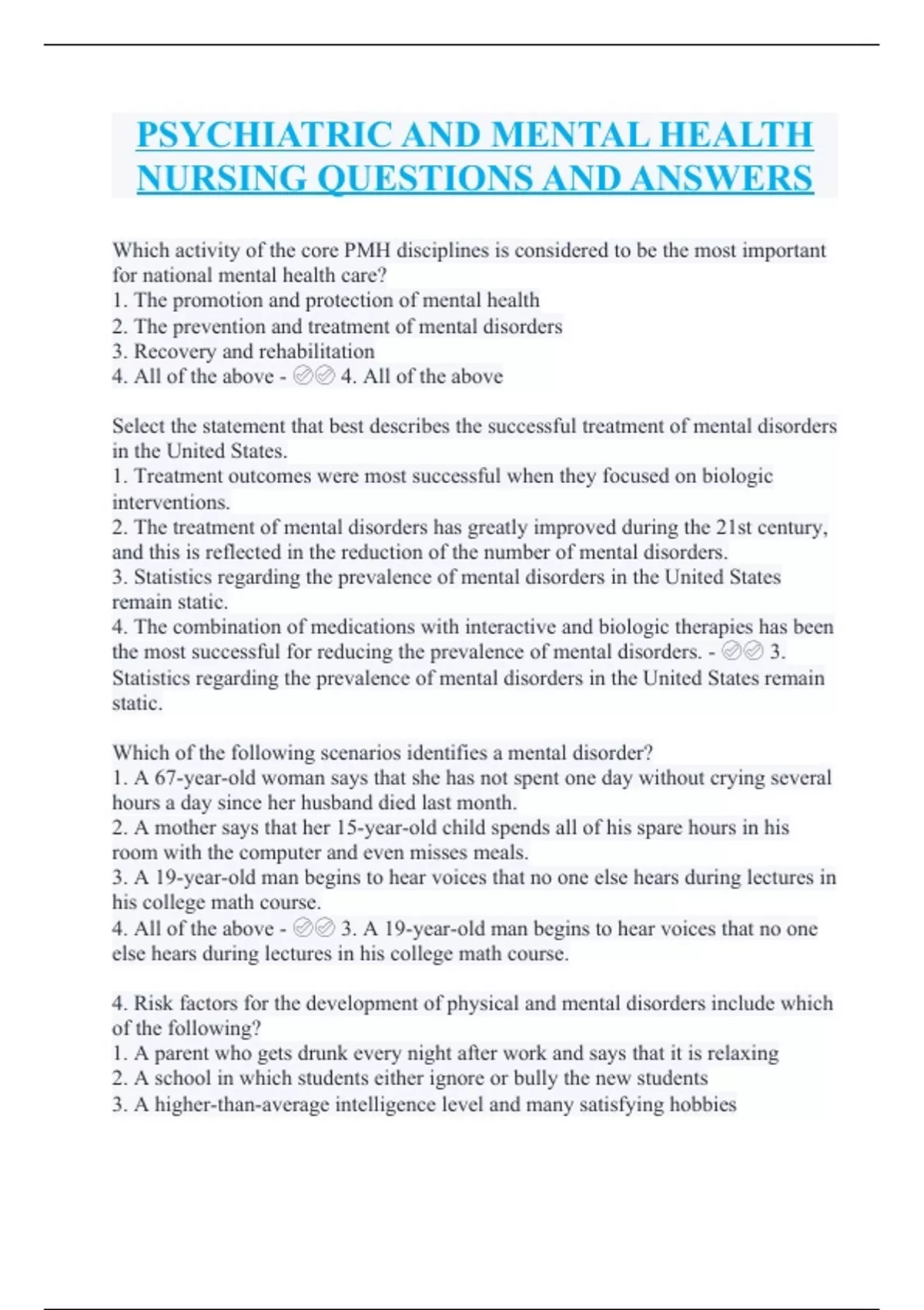 PSYCHIATRIC AND MENTAL HEALTH NURSING QUESTIONS AND ANSWERS ...