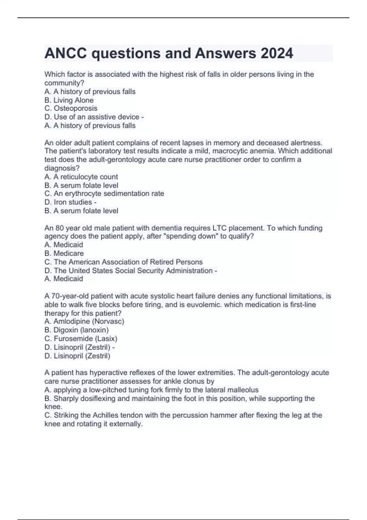 Ancc Questions And Answers 2024 Nursing Stuvia Us