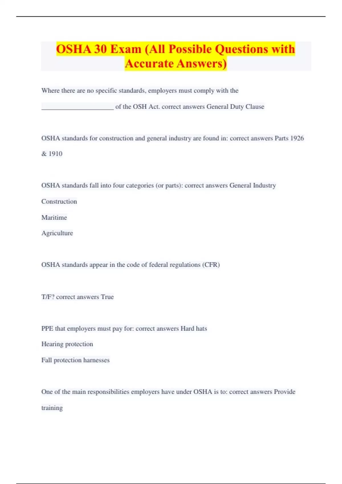 OSHA 30 Exam (All Possible Questions with Accurate Answers) - Osha 30 ...