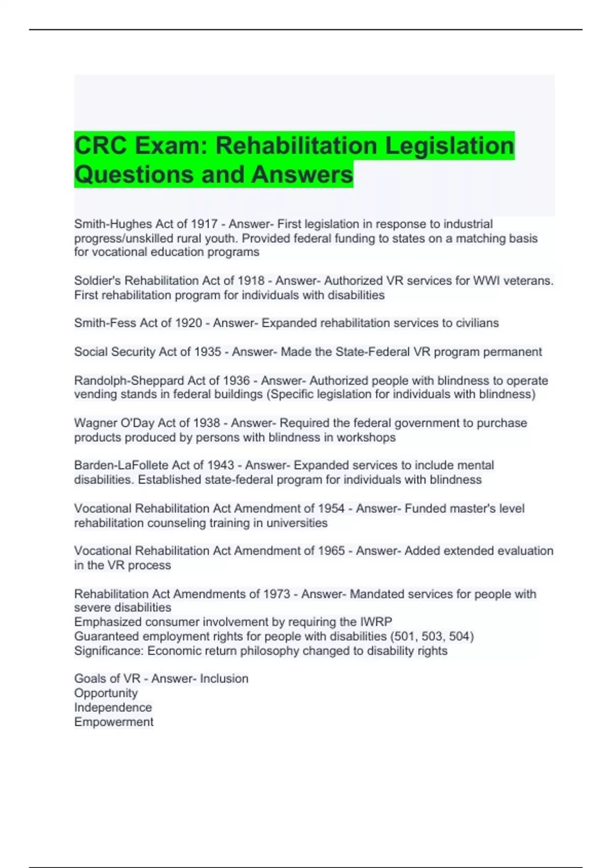 CRC Exam Rehabilitation Legislation Questions and Answers 2024- Graded ...