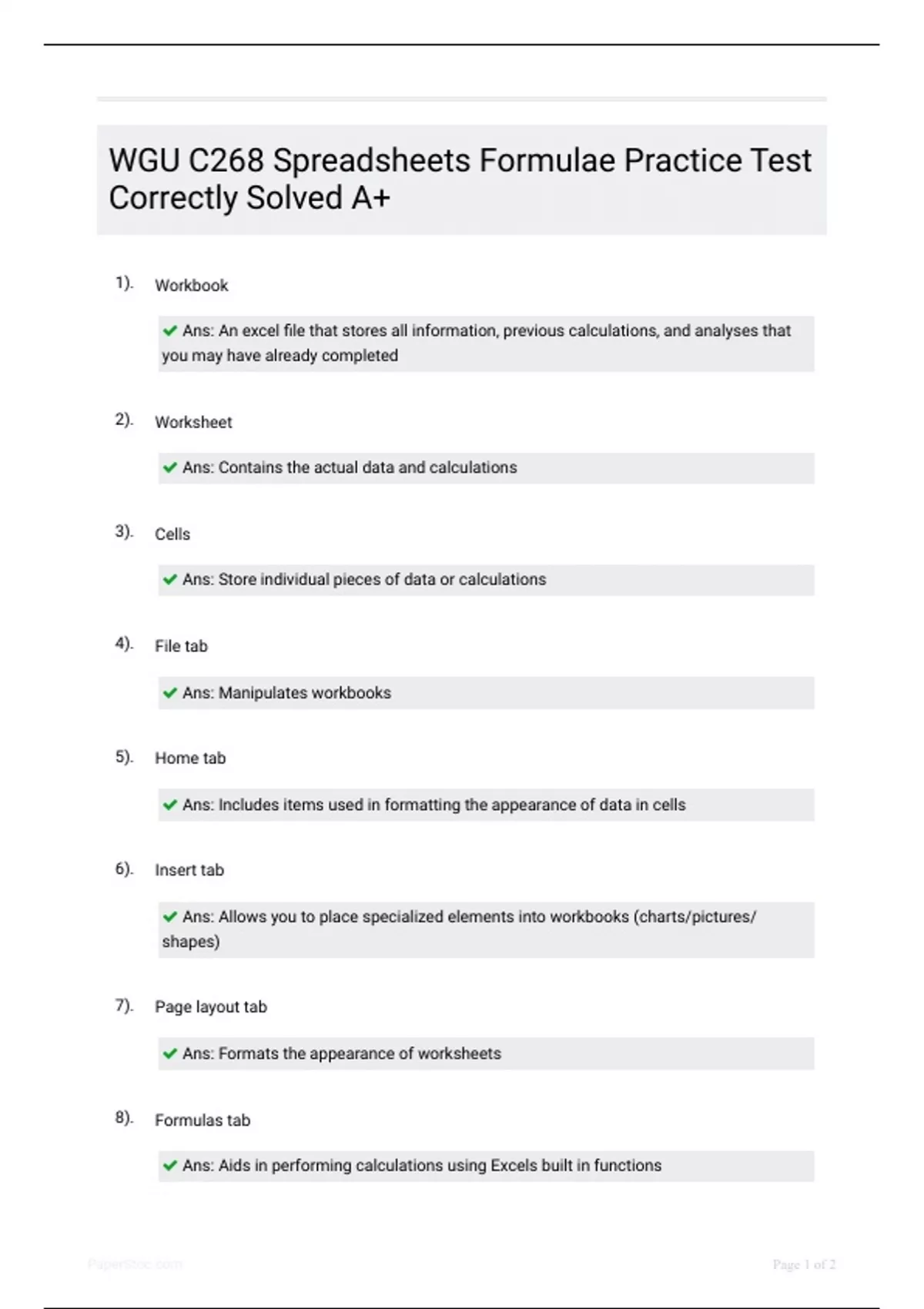 WGU C268 Spreadsheets Formulae Practice Test Correctly Solved A - C268 ...