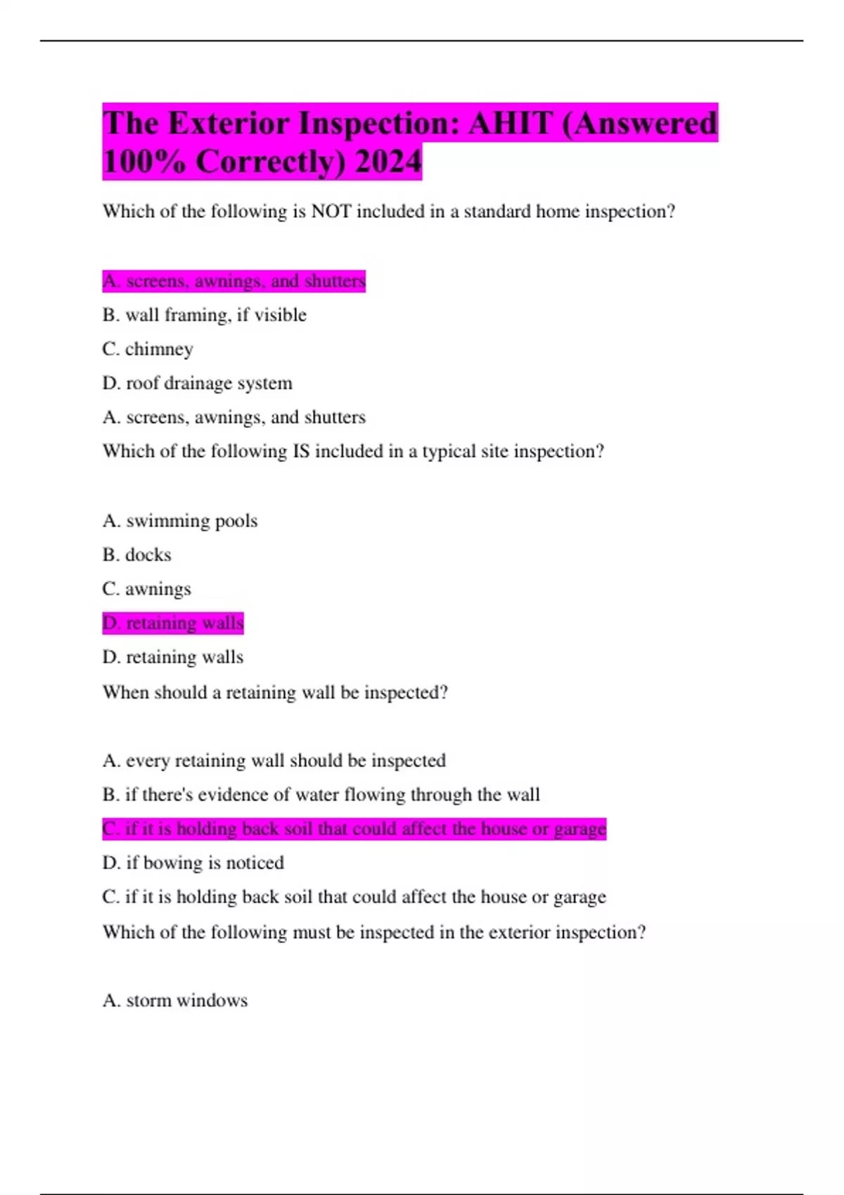 The Exterior Inspection: AHIT (Answered 100% Correctly) 2024 - The ...