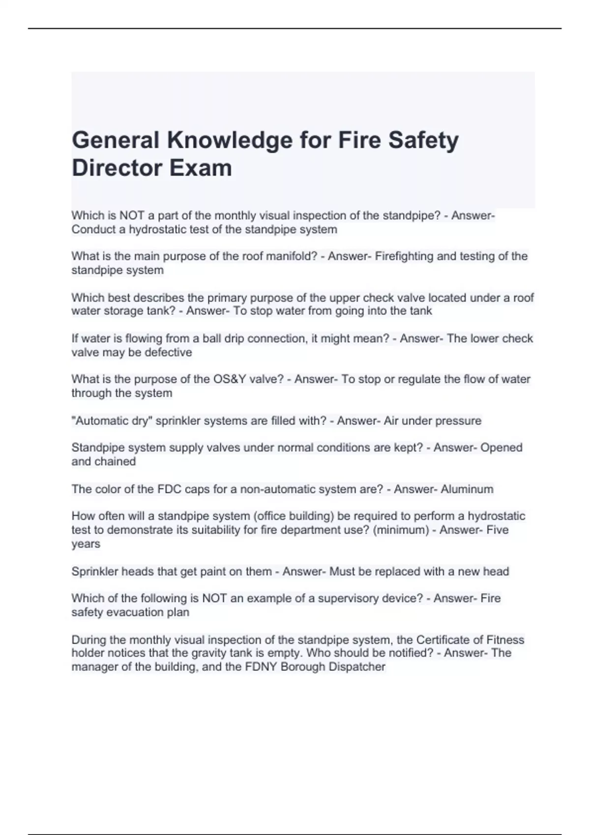 General Knowledge for Fire Safety Director Exam 2024 Questions with correct Answers - NYC FSD ...