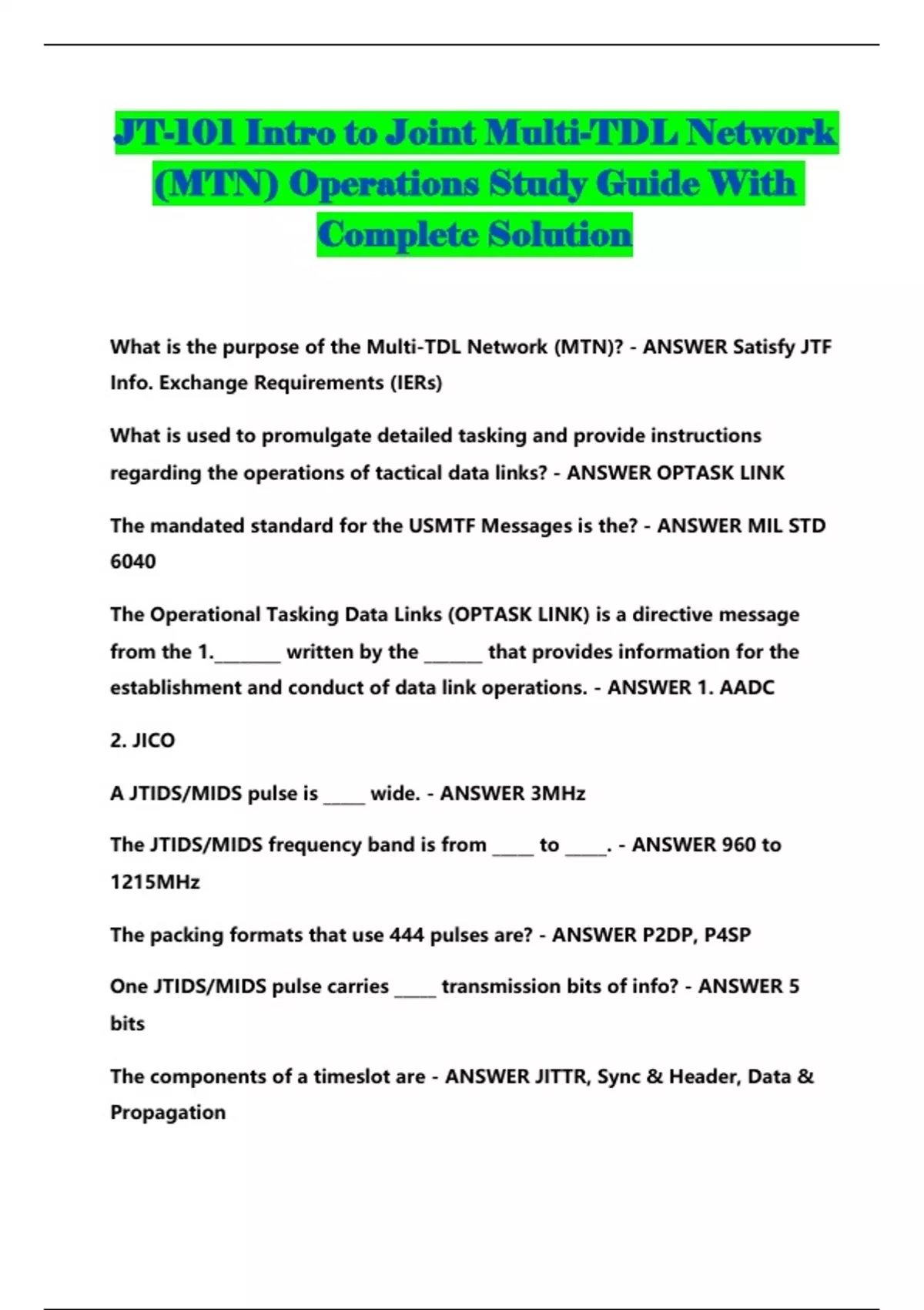 JT-101 Intro to Joint Multi-TDL Network (MTN) Operations Study Guide ...