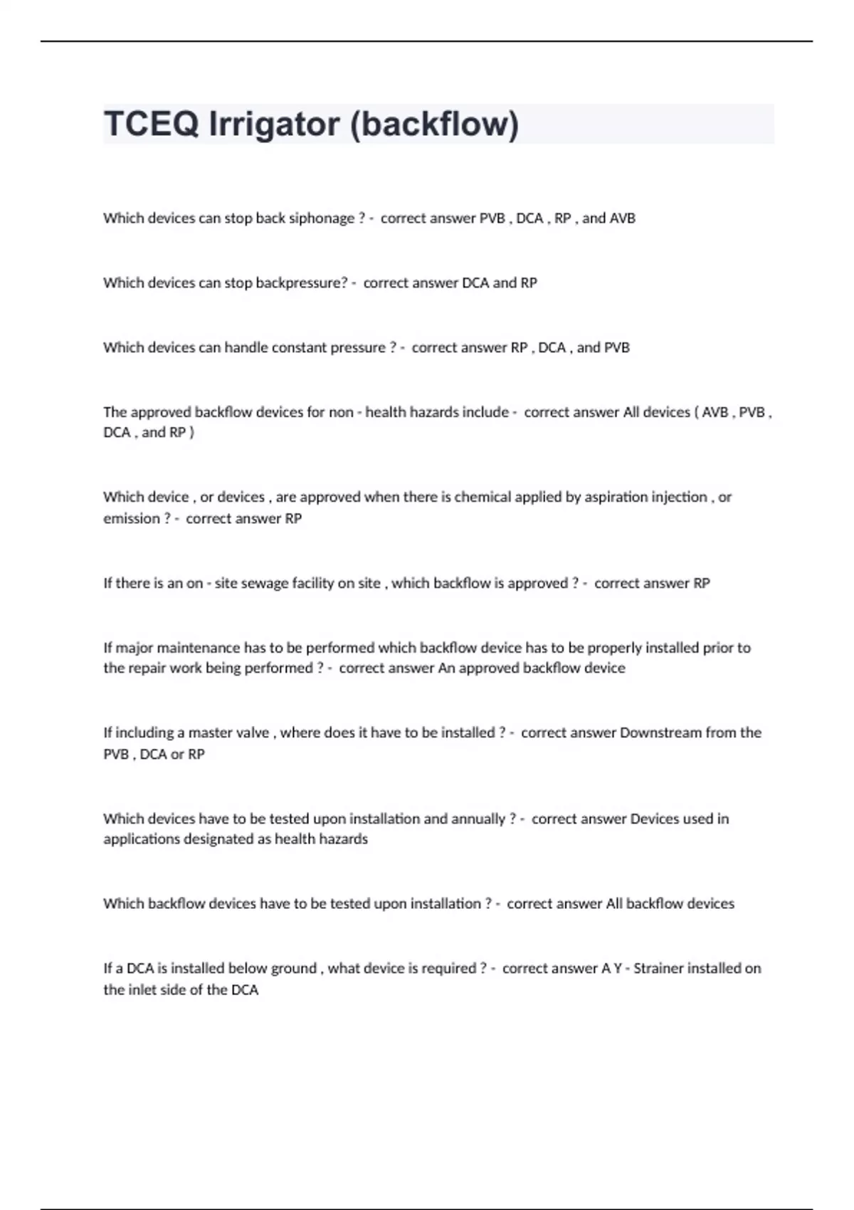 TCEQ Irrigator (backflow) with correct answers - Tceq - Stuvia US