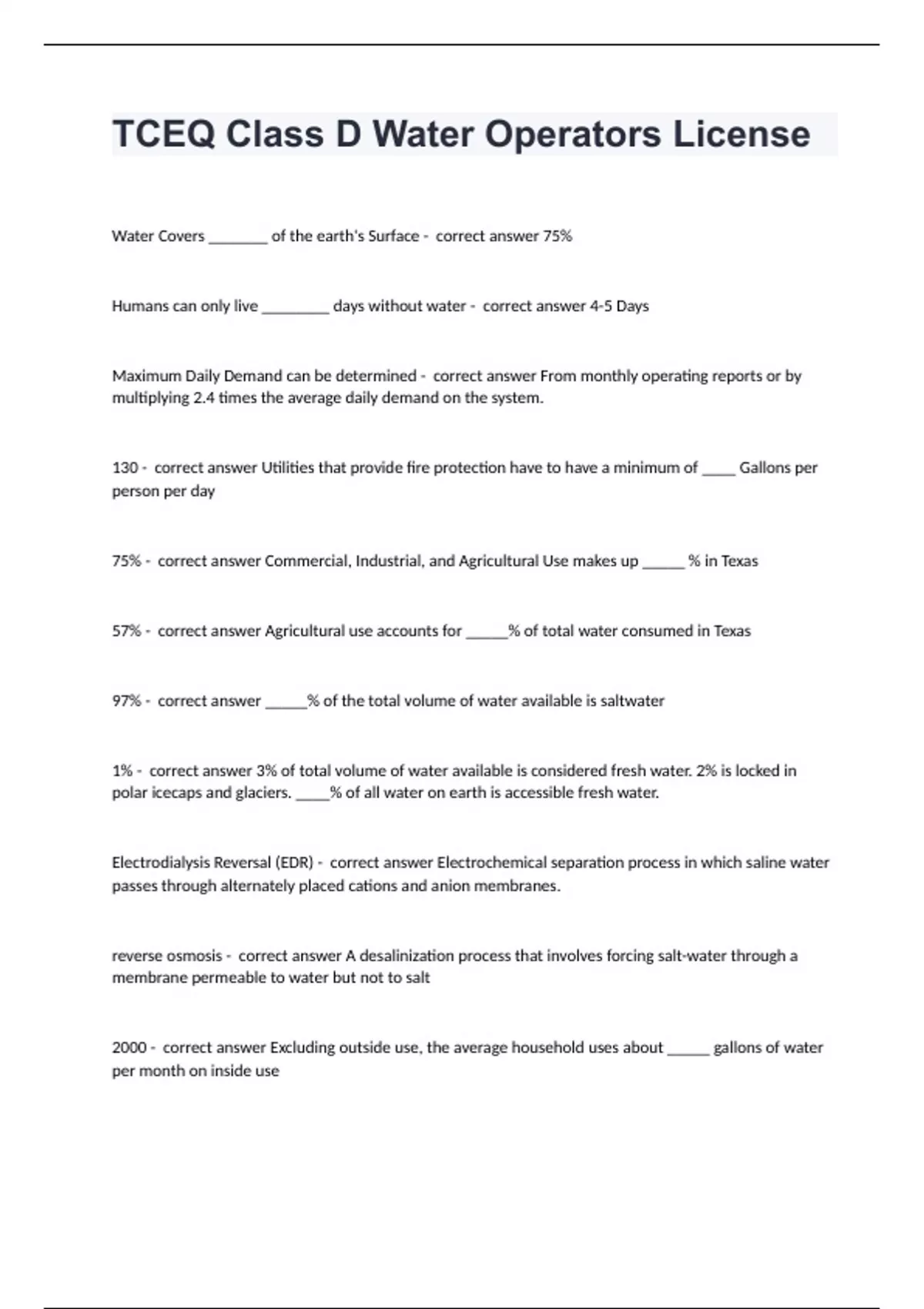 TCEQ Class D Water Operators License with 100% correct answers! - Tceq ...