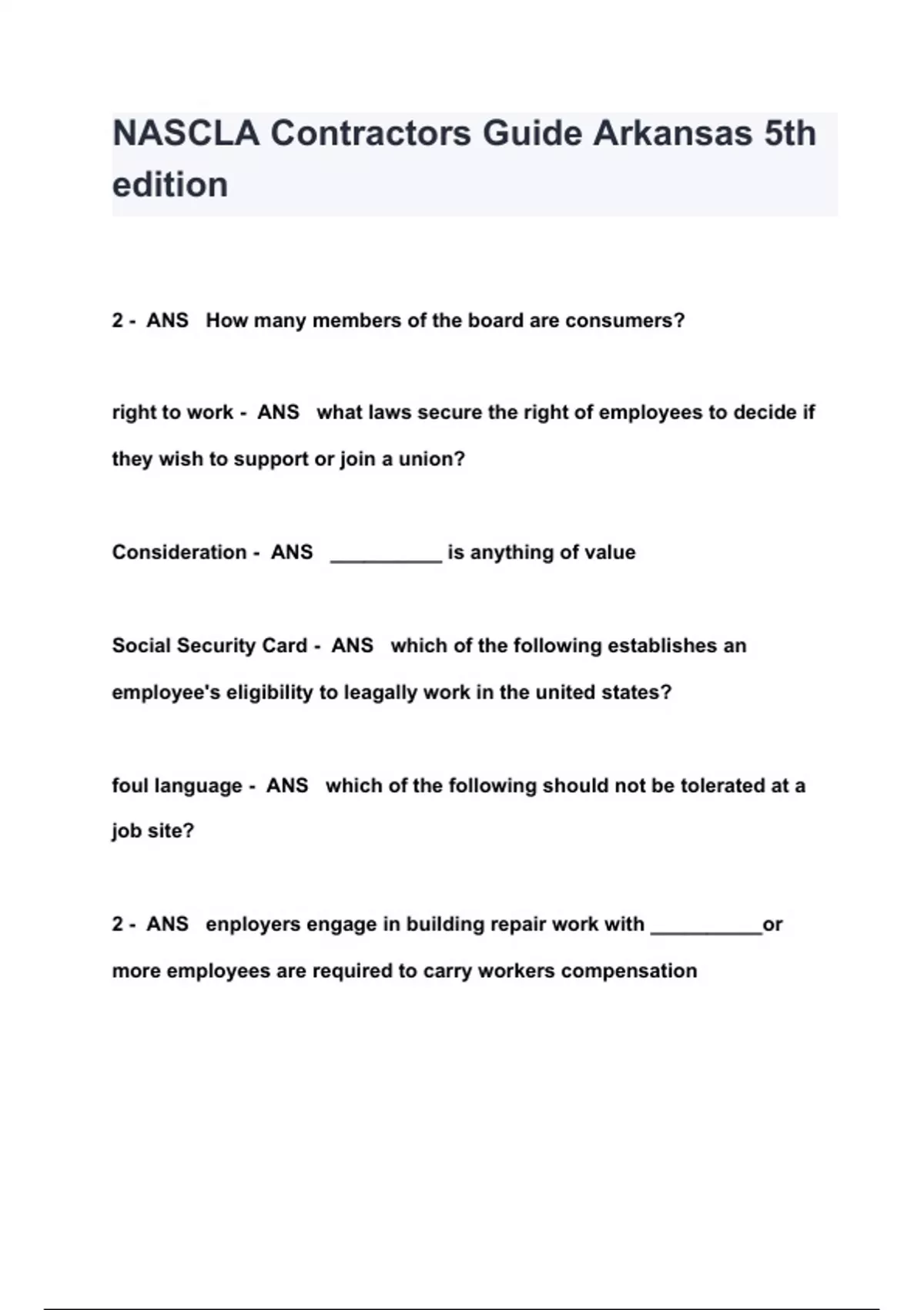NASCLA Contractors Guide Arkansas 5th edition QUESTIONS & ANSWERS 2024 ...