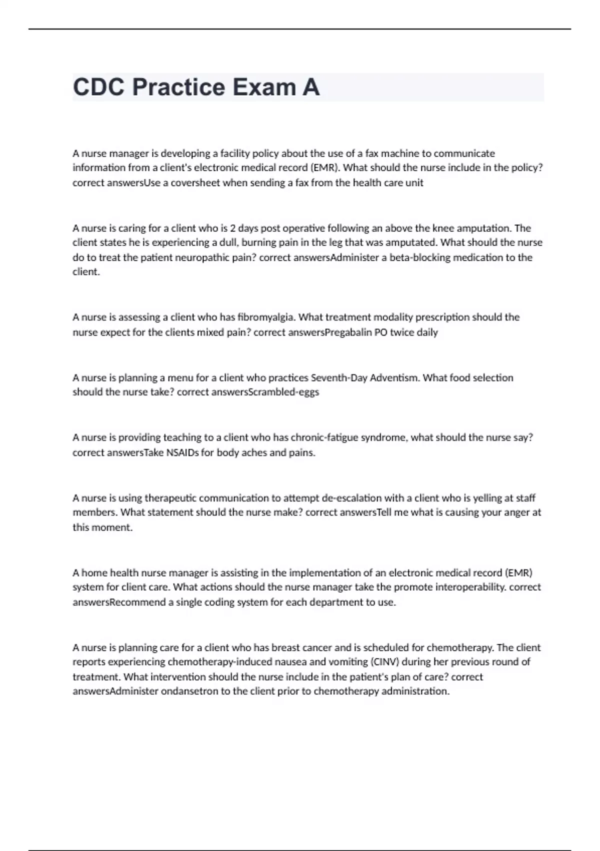 CDC Practice Exam A 2024 with 100% correct answers - CDC Practice EA ...