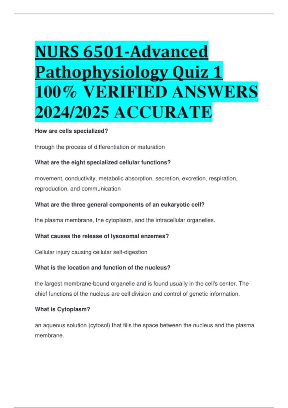 NURS 6501-Advanced Pathophysiology Quiz 1 100% VERIFIED ANSWERS 2024/ ...