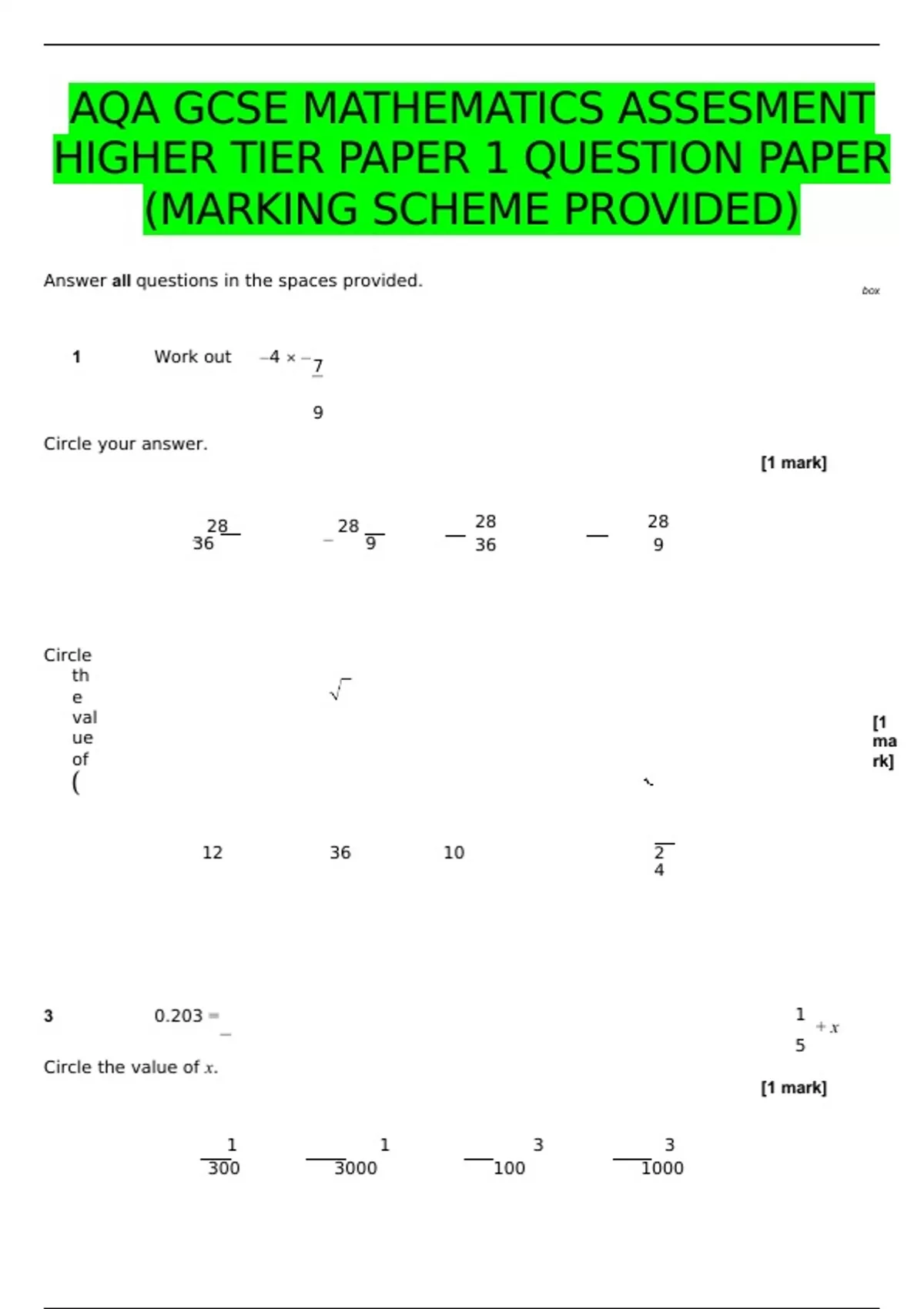 AQA GCSE MATHEMATICS ASSESMENT HIGHER TIER PAPER 1 QUESTION PAPER (MARKING SCHEME PROVIDED ...