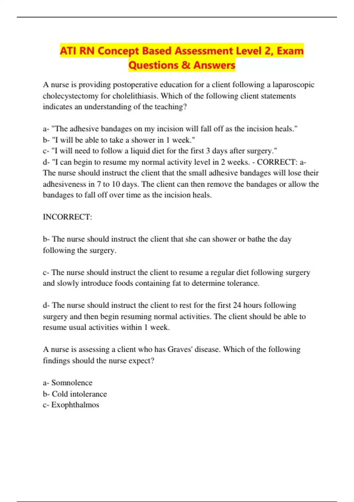 ATI RN Concept Based Assessment Level 2, Exam Questions & Answers - ATI ...