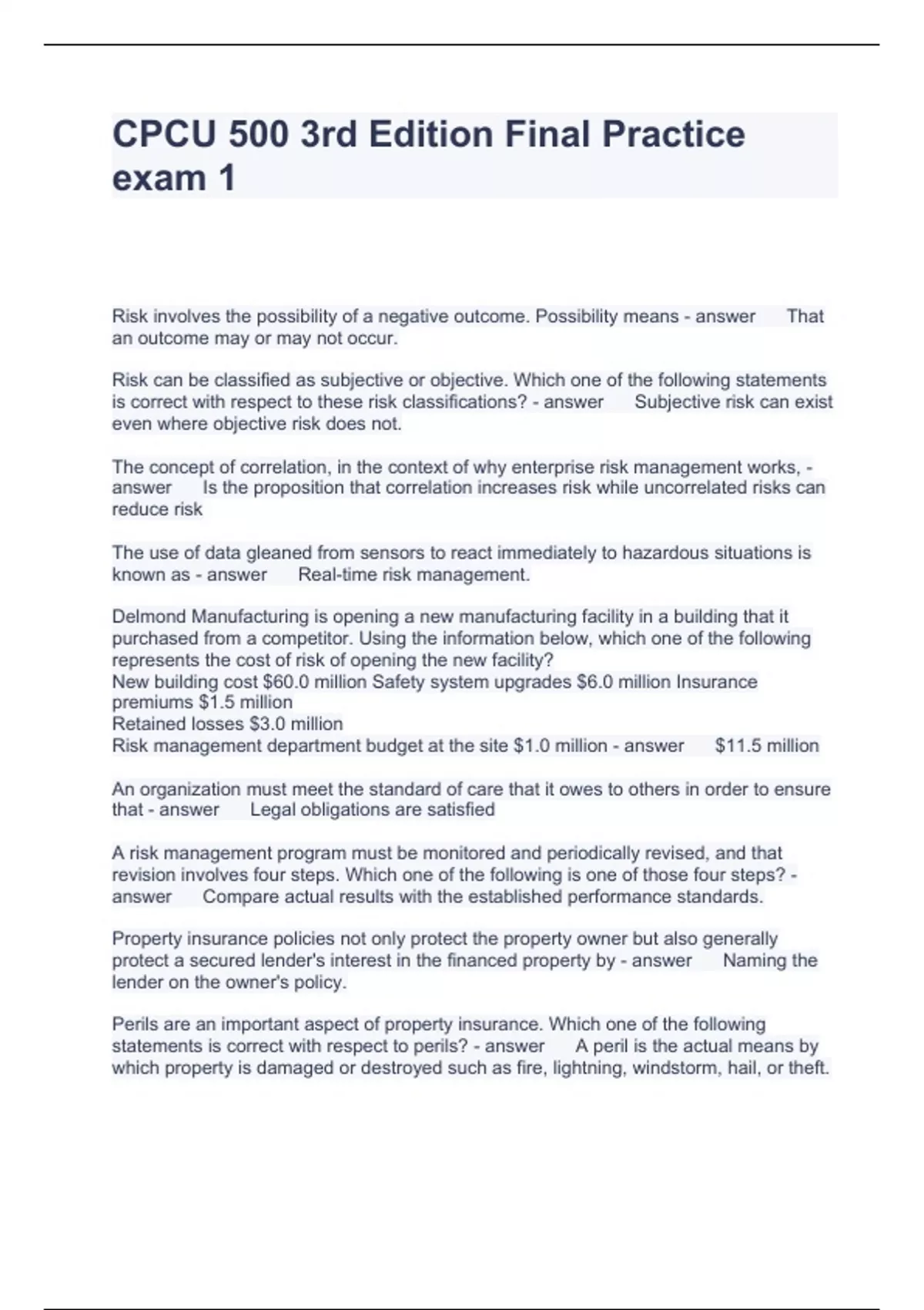 CPCU 500 3rd Edition Final Practice exam 1 Questions with correct ...