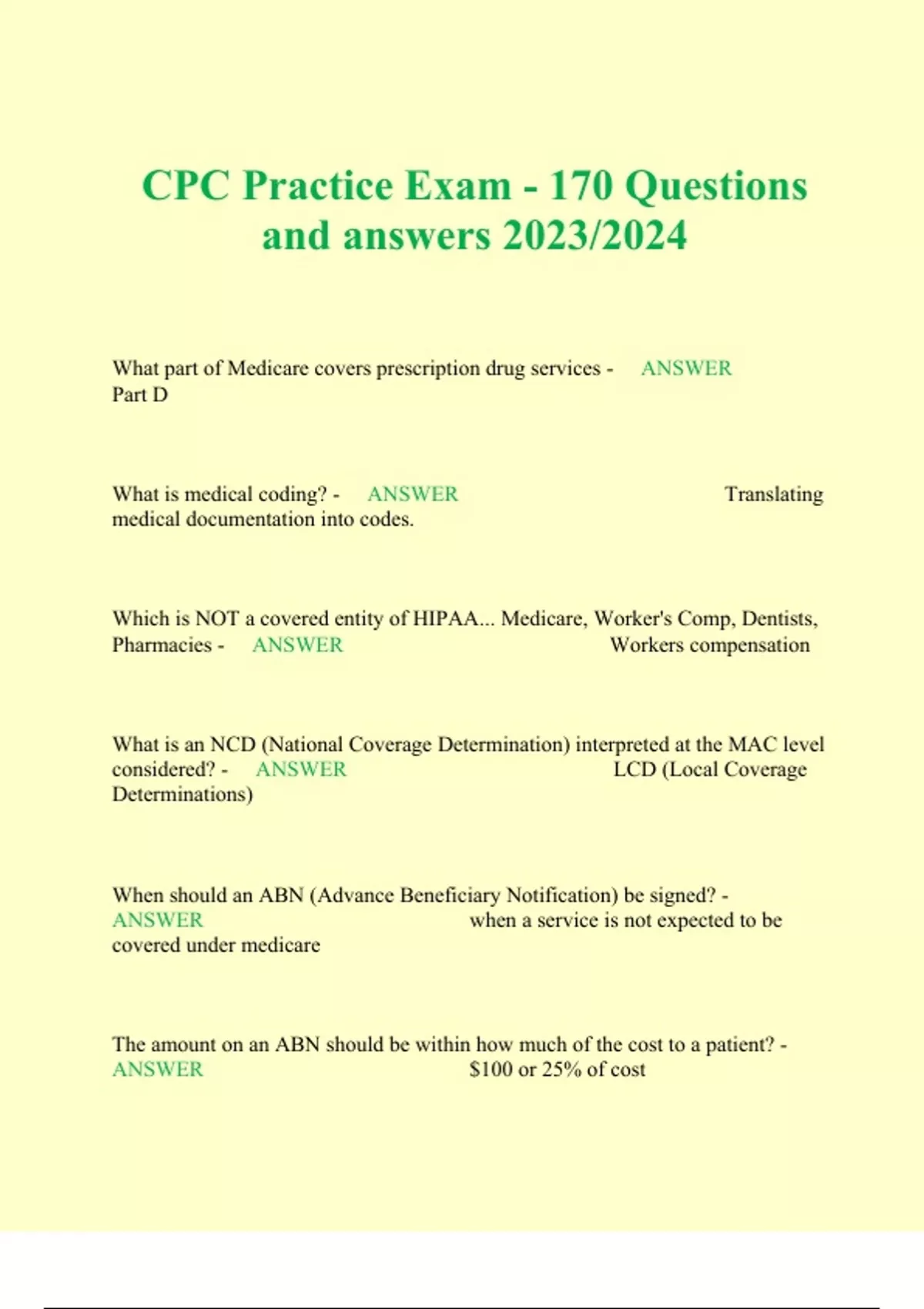 CPC Practice Exam - 170 Questions and answers 2023/2024 - CPC - Stuvia US