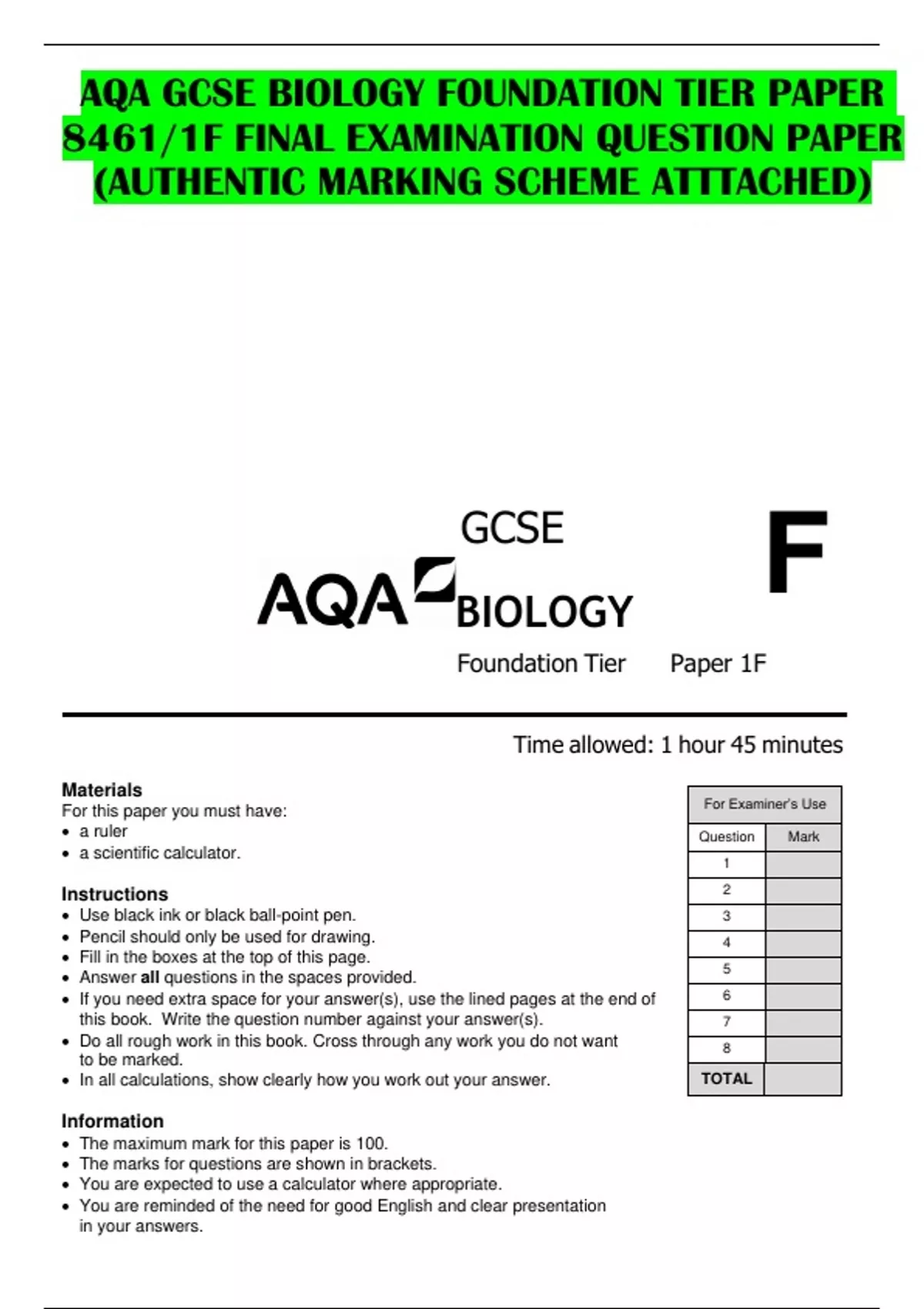 AQA GCSE BIOLOGY FOUNDATION TIER PAPER 8461/1F FINAL EXAMINATION ...