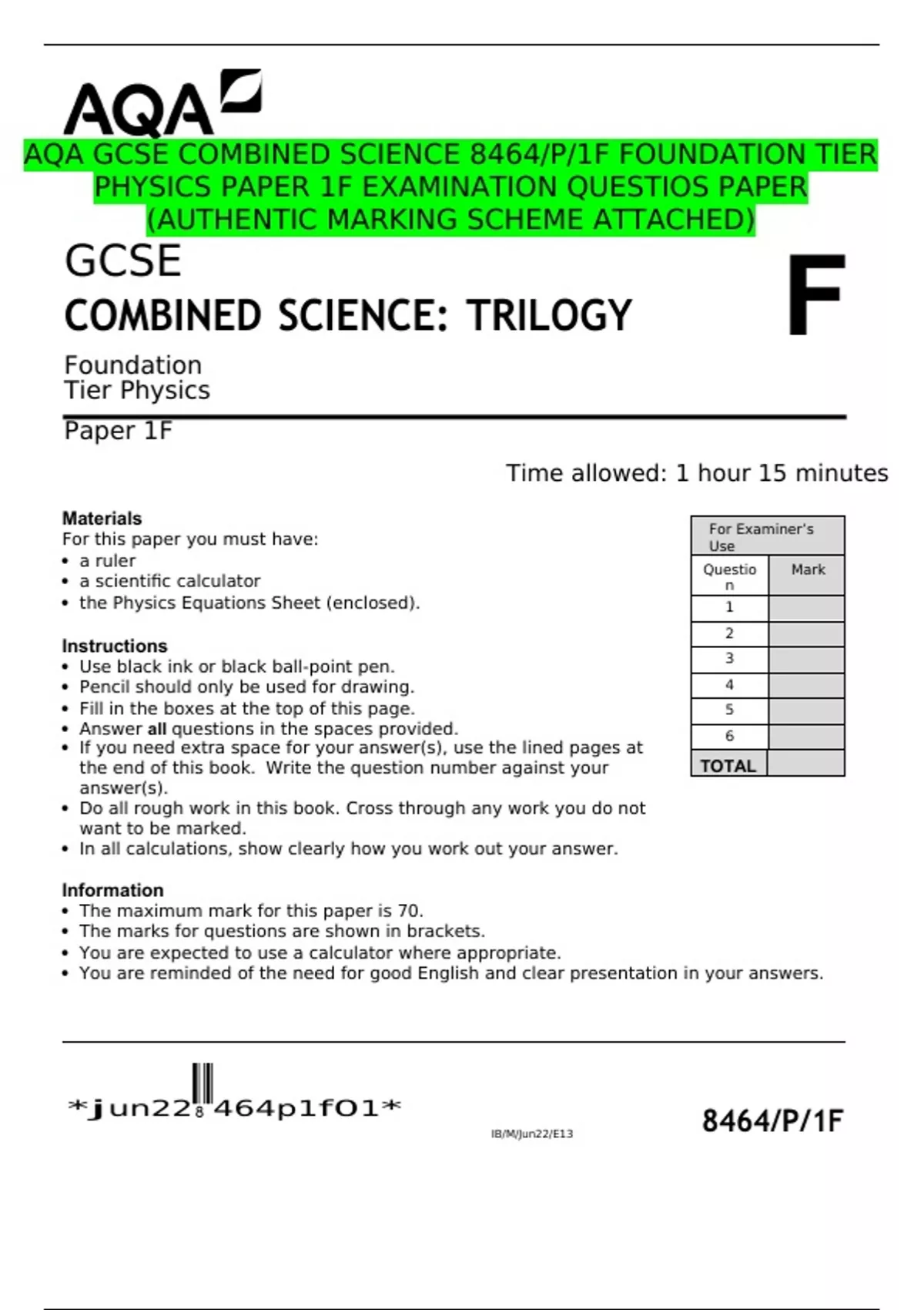 AQA GCSE COMBINED SCIENCE 8464/P/1F FOUNDATION TIER PHYSICS PAPER 1F ...