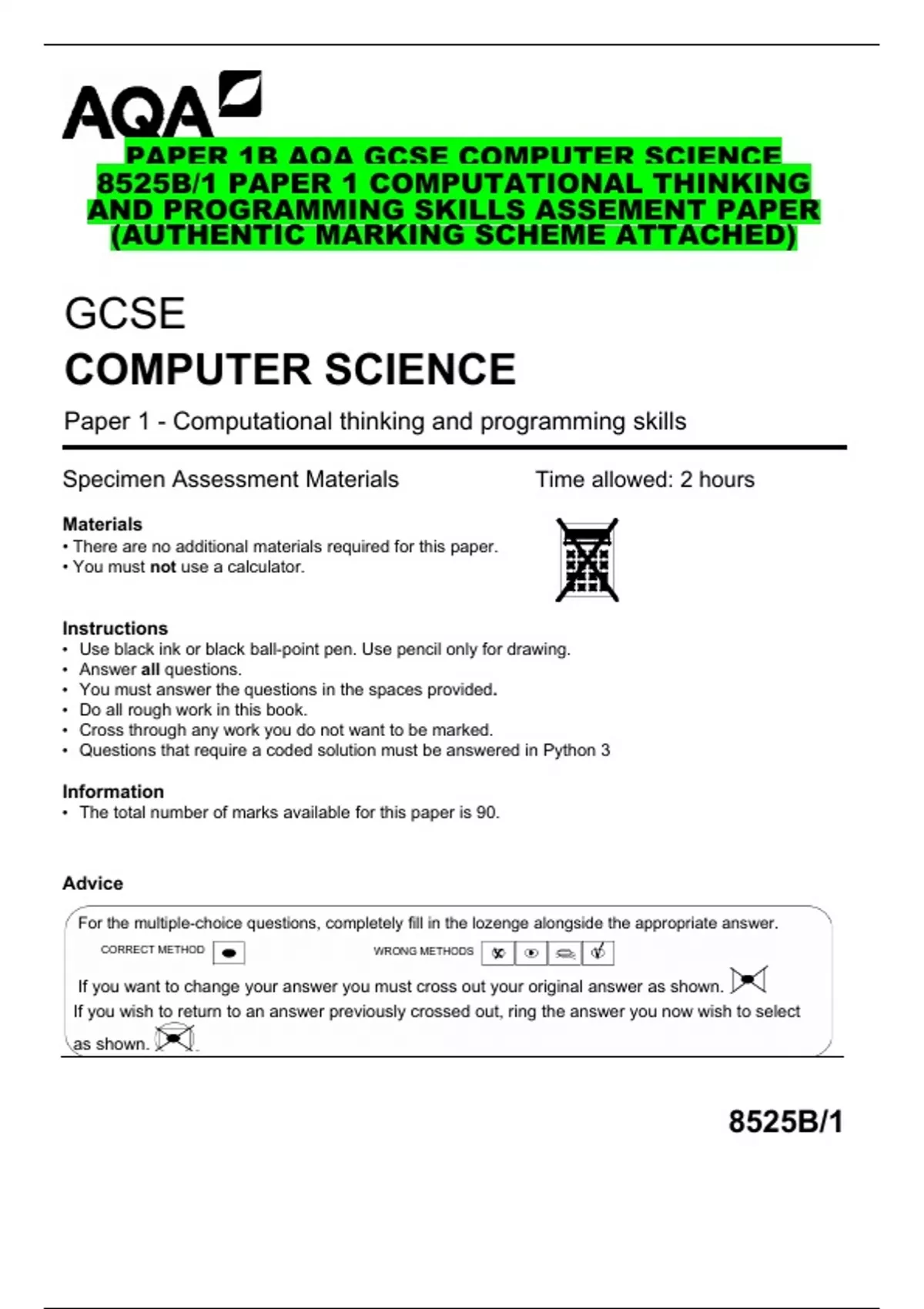 PAPER 1B AQA GCSE COMPUTER SCIENCE 8525B/1 PAPER 1 COMPUTATIONAL THINKING AND PROGRAMMING SKILLS ...