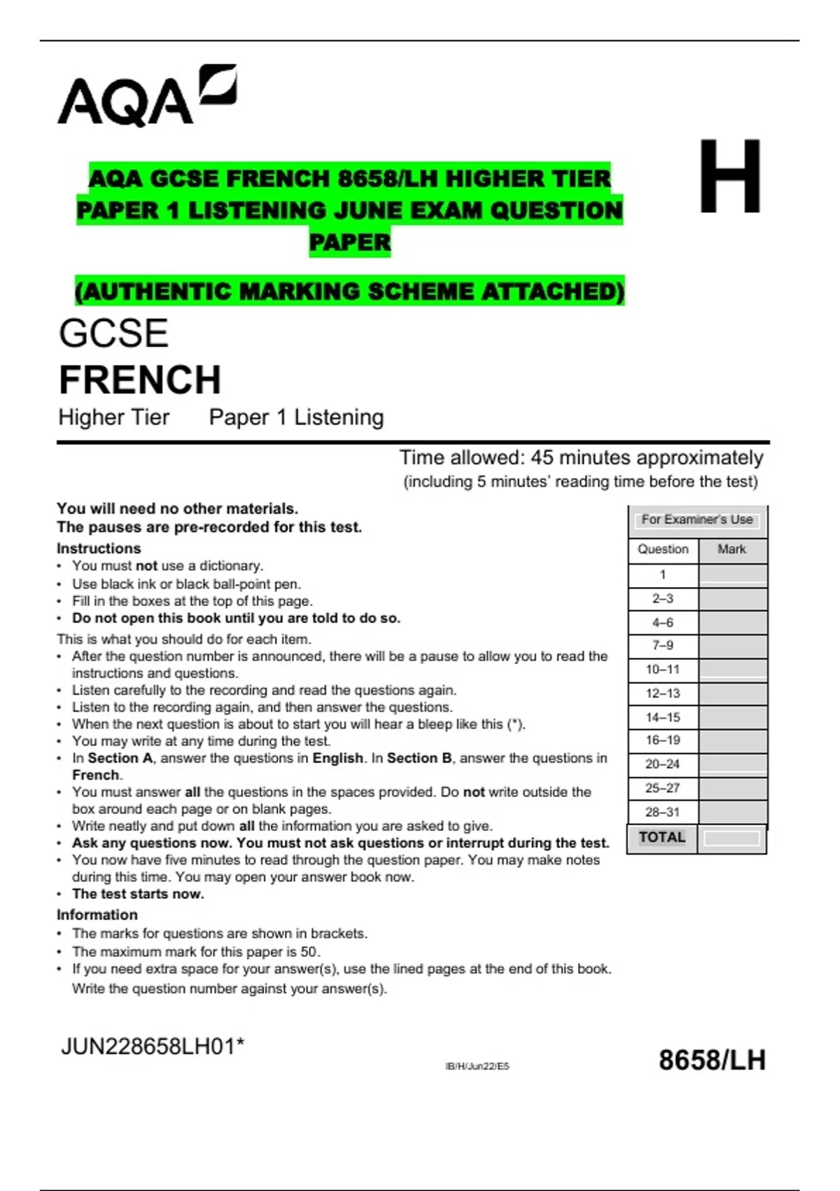 AQA GCSE FRENCH 8658/LH HIGHER TIER PAPER 1 LISTENING JUNE EXAM ...