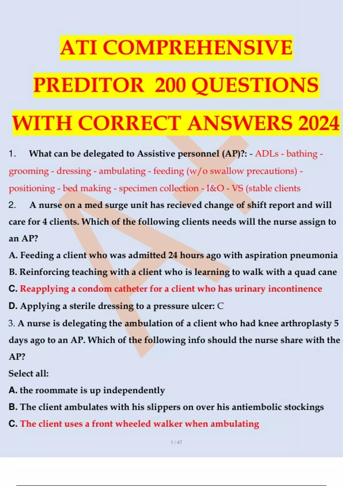 ATI COMPREHENSIVE PREDITOR 200 QUESTIONS WITH CORRECT ANSWERS 2024 ...