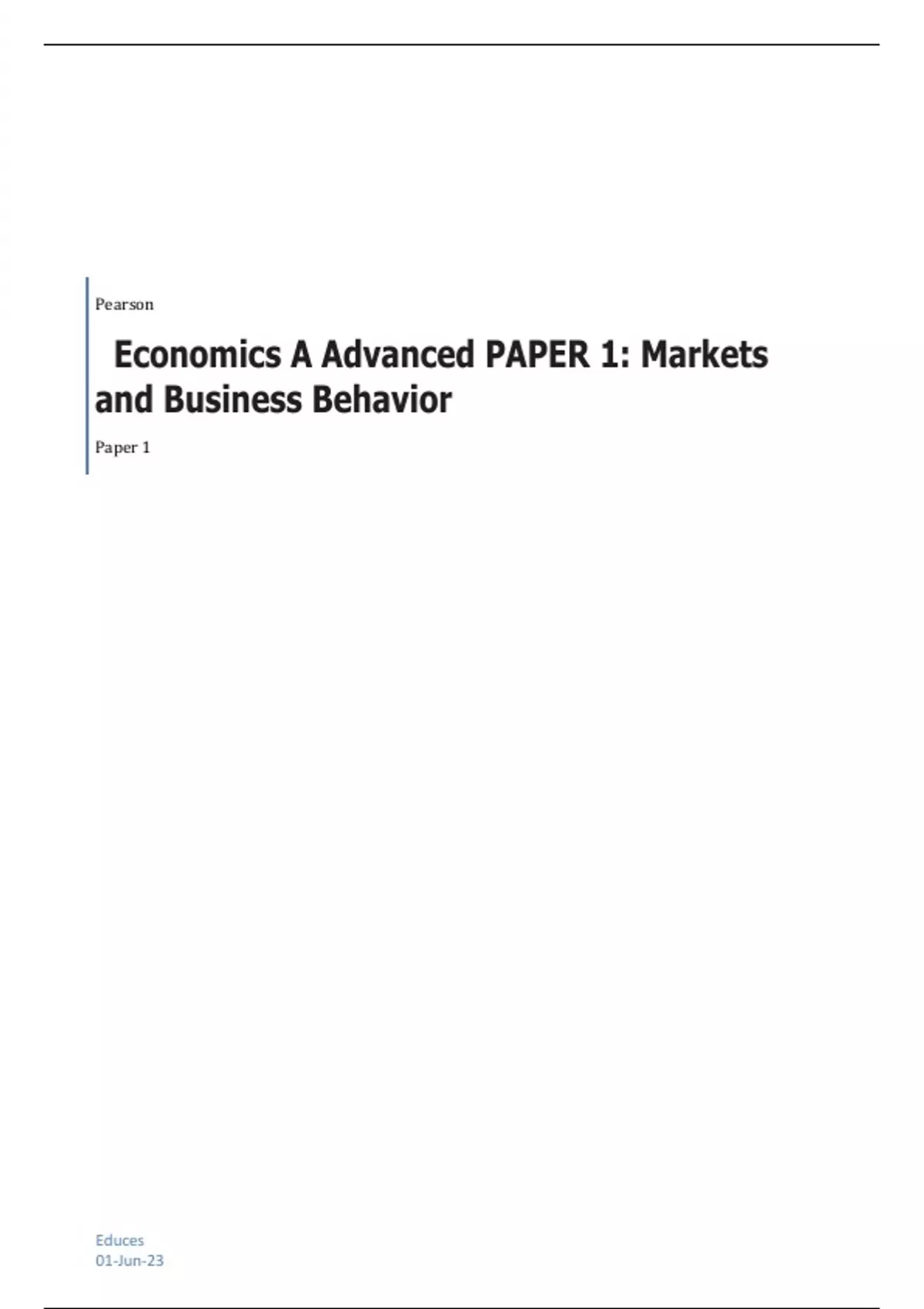 EDEXEL A LEVEL Economics A PAPER 1: Markets and Business Behavior ...