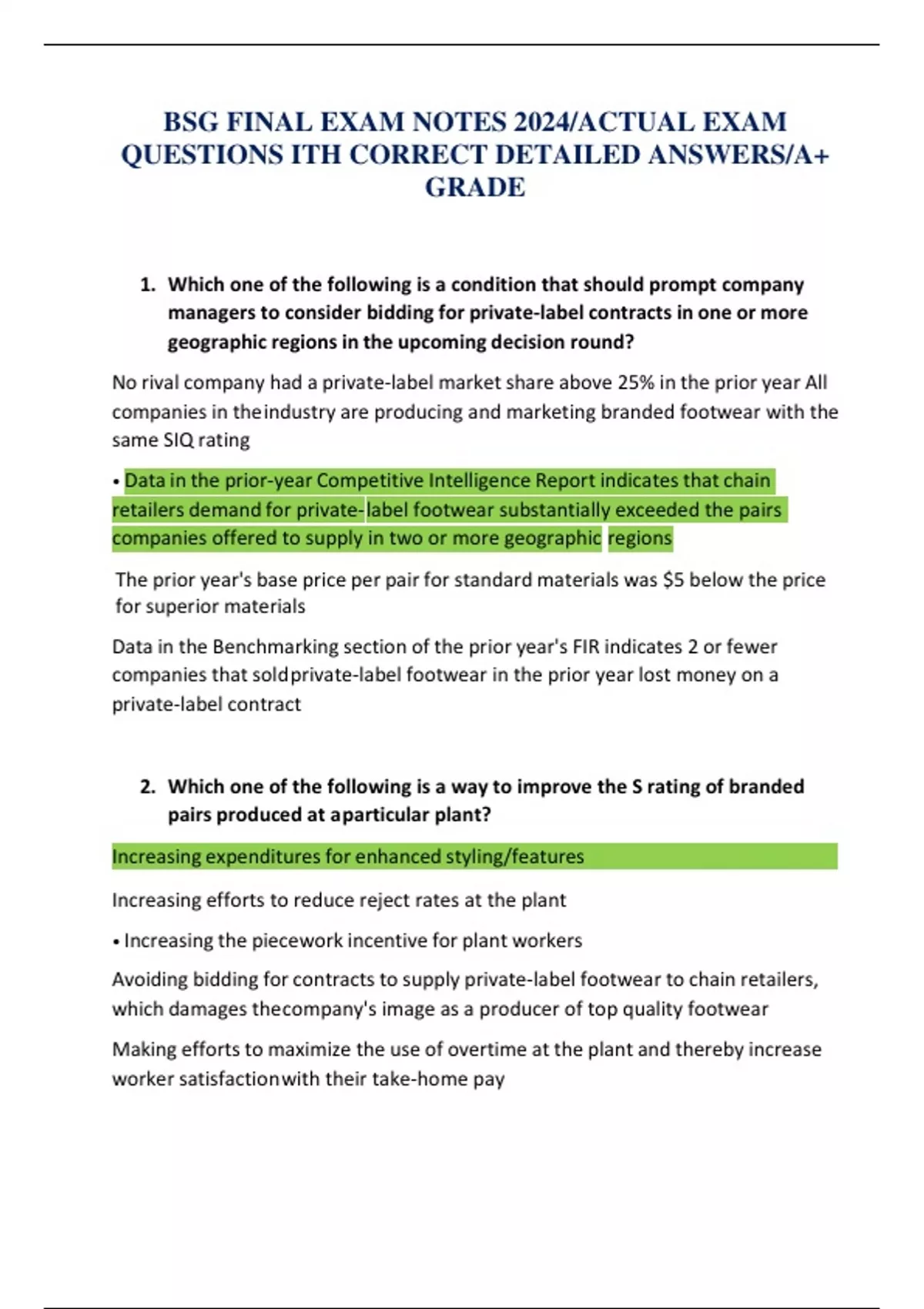 BSG(BUSINESS STRATEGY GAME) FINAL EXAM NOTES 2024/ACTUAL EXAM QUESTIONS ...